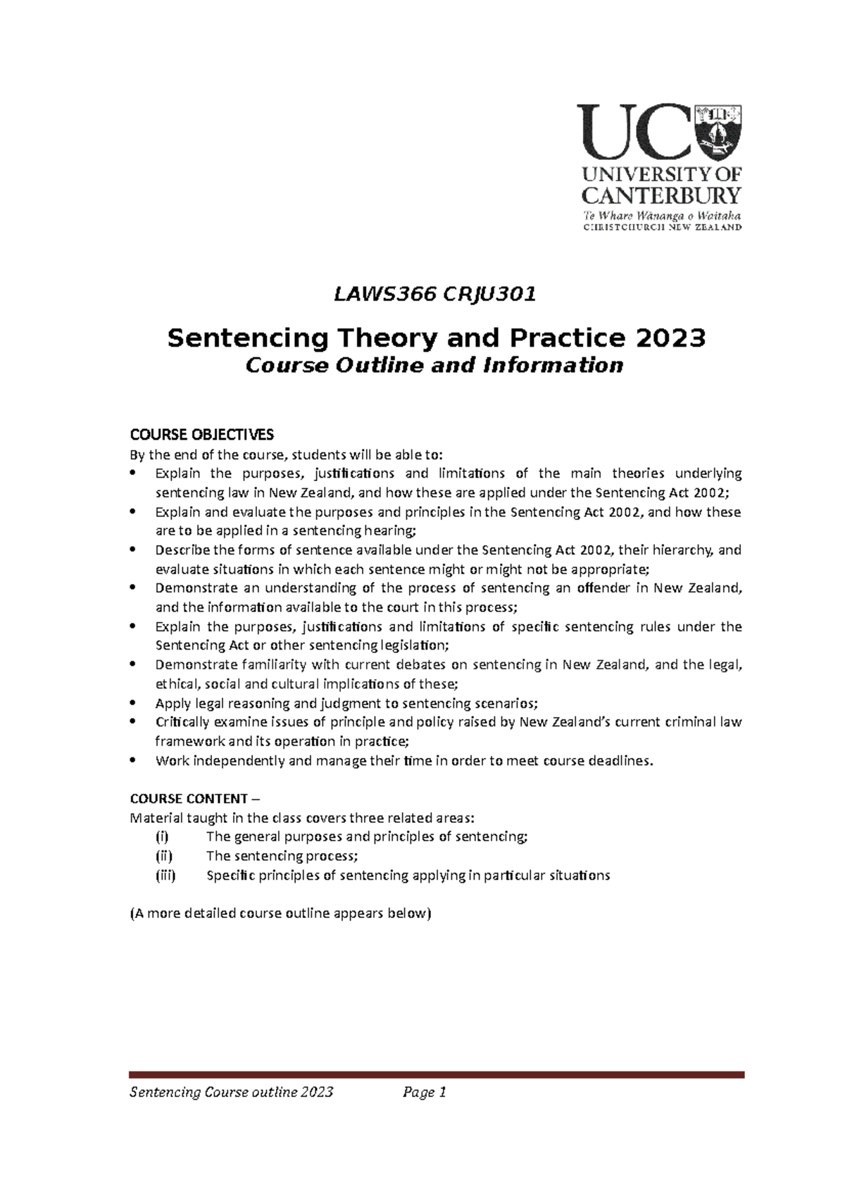 2023 Course Outline Final - Sentencing Theory and Practice - UCNZ - Studocu