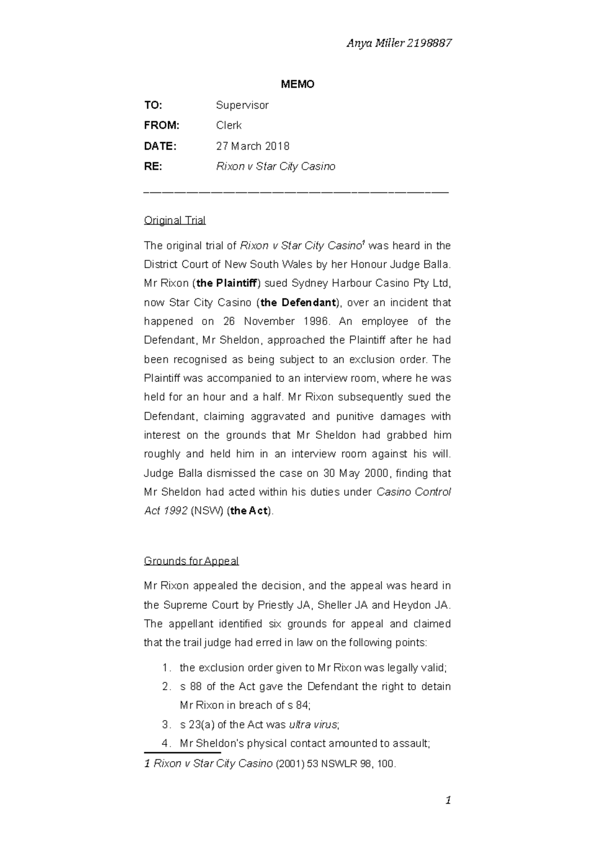 Memo Assignment 1 - Anya Miller MEMO TO: Supervisor FROM: Clerk DATE ...