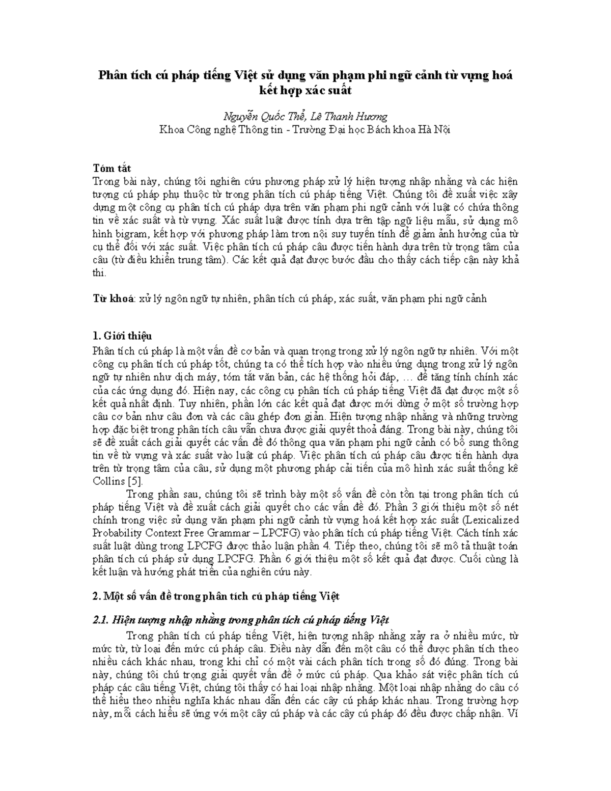 PTCP xacsuat - Ph‚n tÌch c ̇ ph·p tiếng Việt sử dụng văn phạm phi ngữ cảnh từ vựng ho· kết hợp x ...