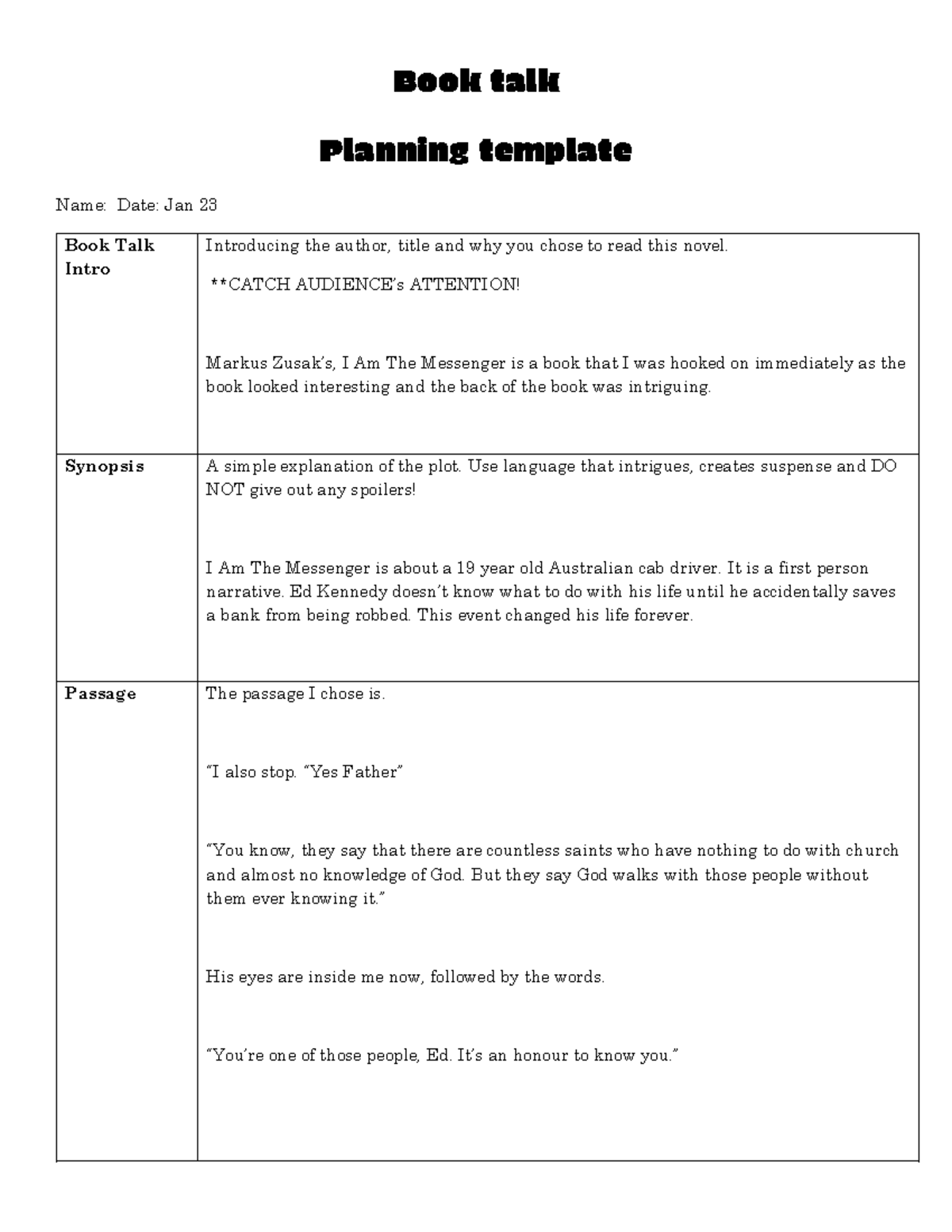 Book Talk 2 Planning - afGsgsgSF - Book talk Planning template Name ...