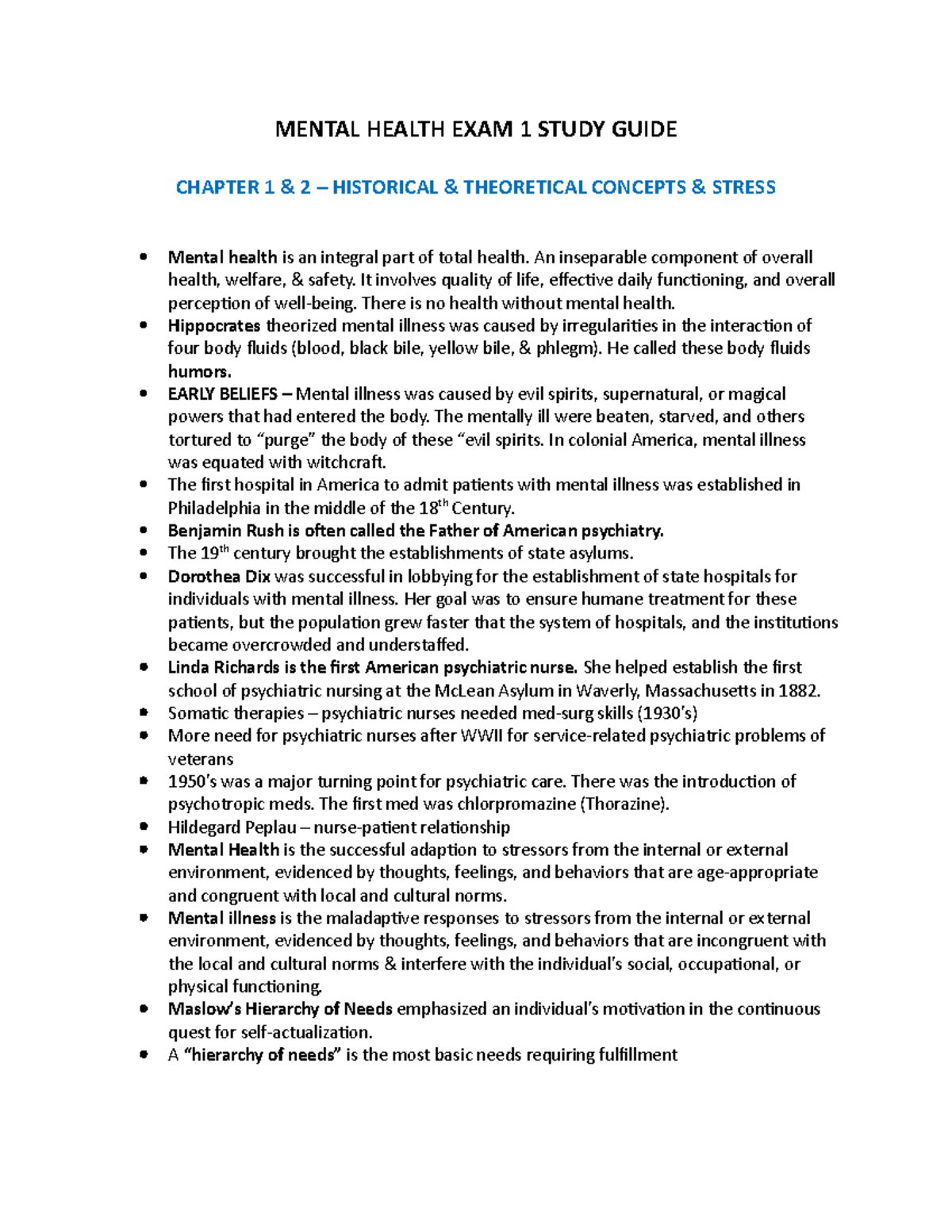 Mental health exam 1 study guide - MENTAL HEALTH EXAM 1 STUDY GUIDE ...