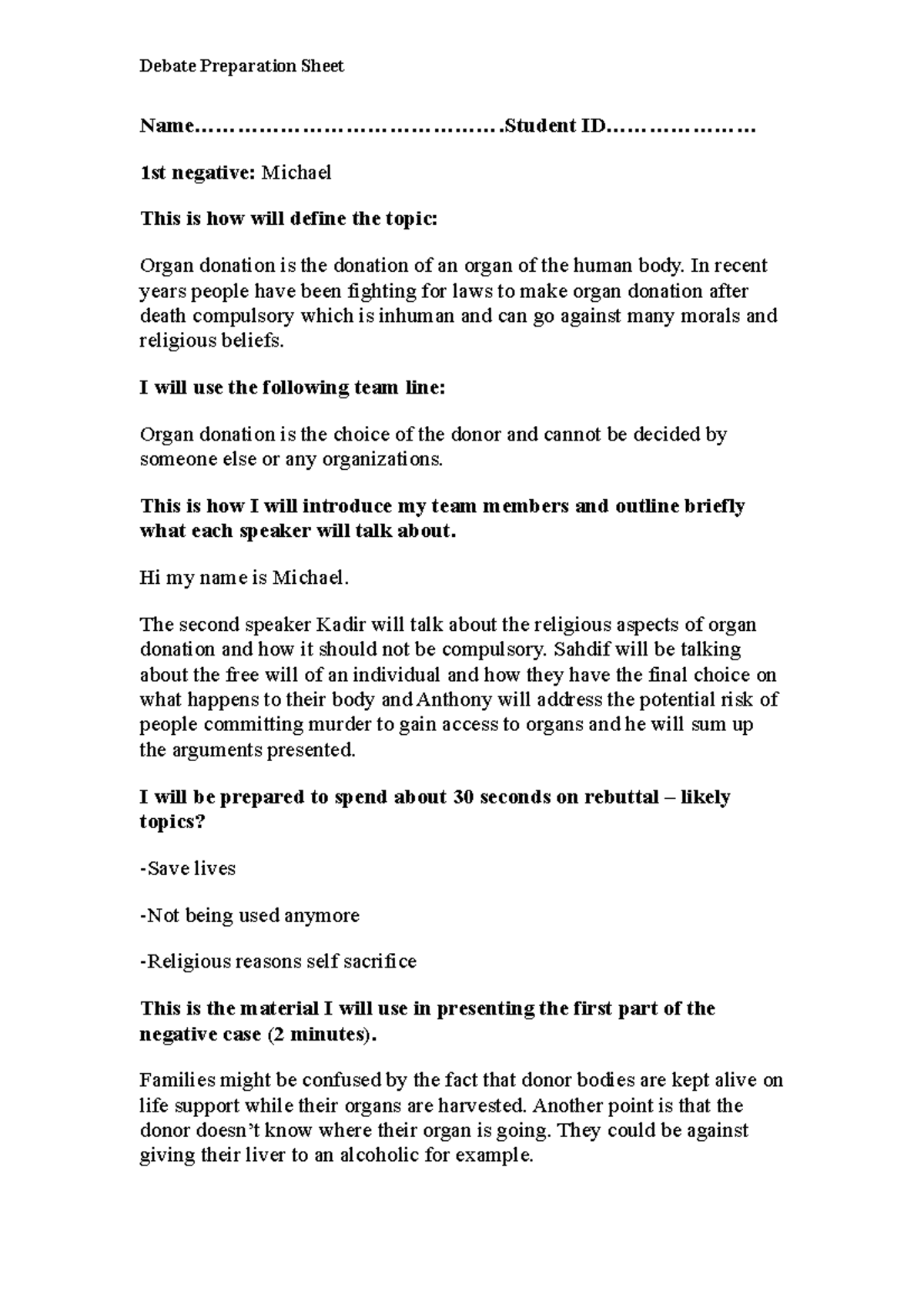Group 6 Debate Plan - Name.......................................... ID