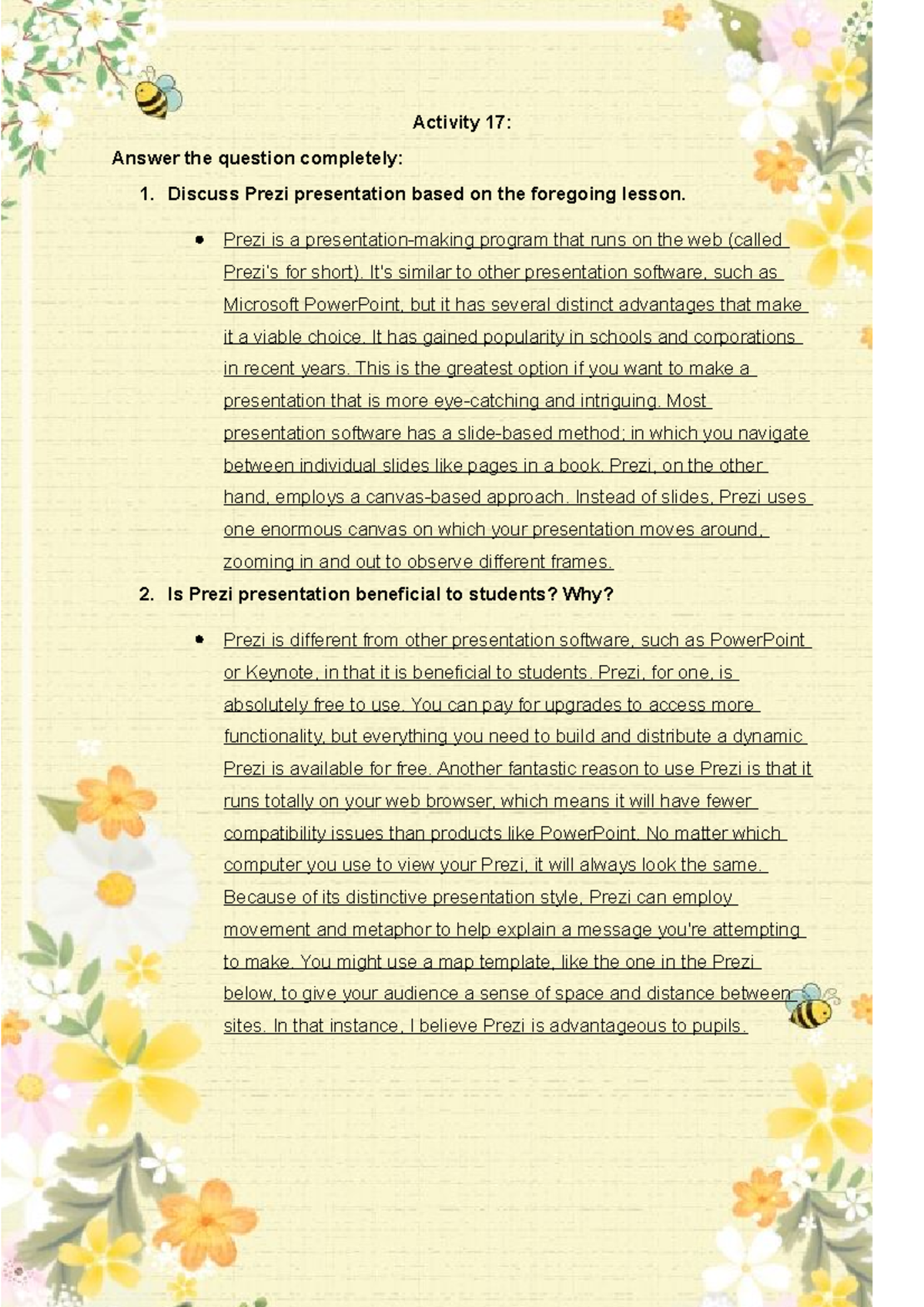 ACT5 Ivity 17 (TTLM) - Activity 17: Answer the question completely: 1 ...