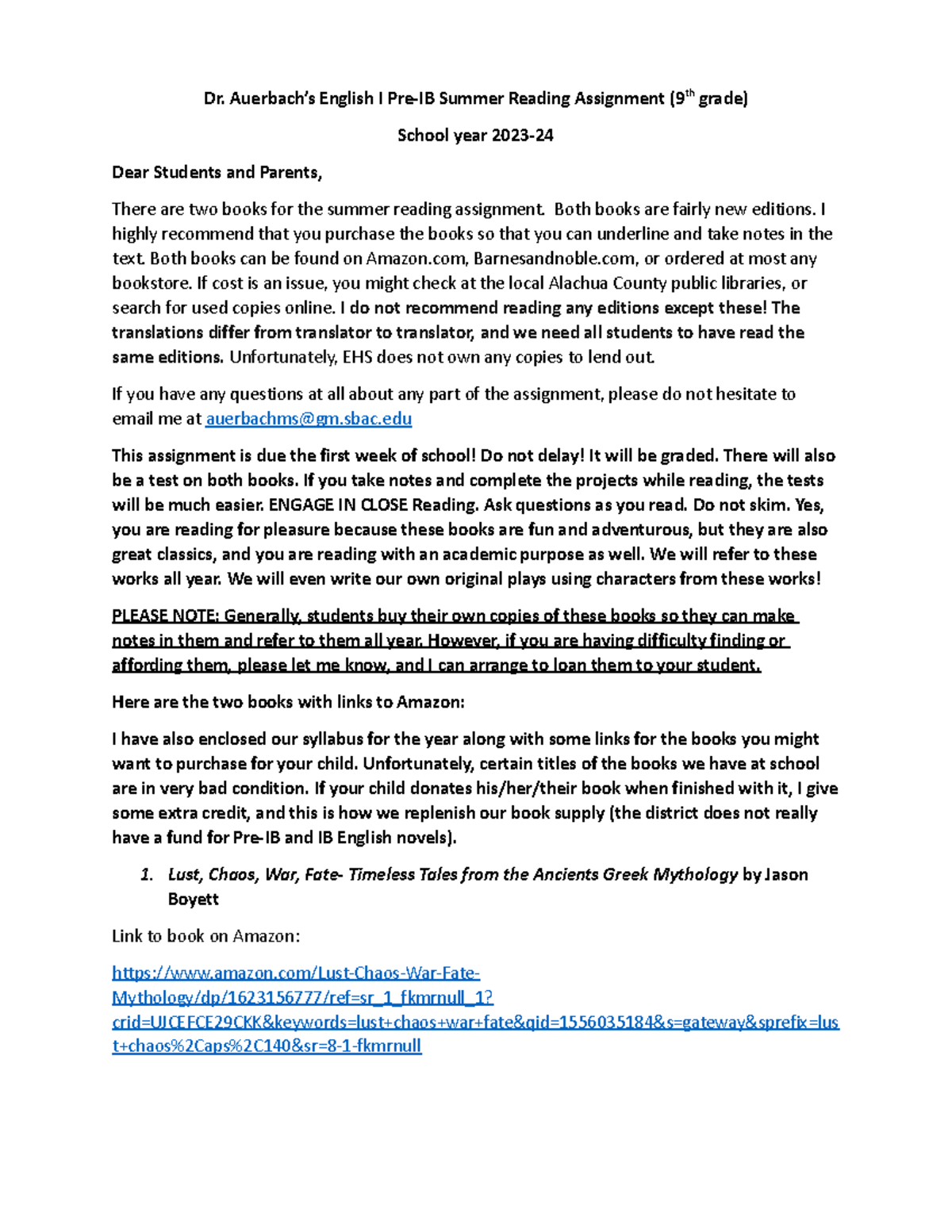 Summer Reading Assignment Pre-IB English I 9th - Dr. Auerbach’s English ...
