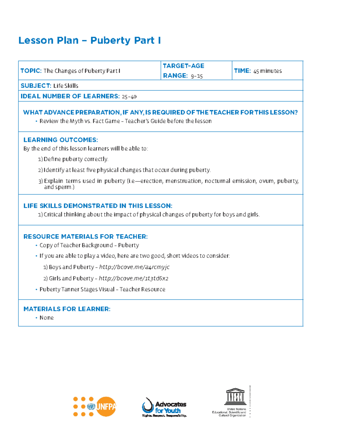 Lesson plan puberty part i and ii - Lesson Plan – Puberty Part I TOPIC ...