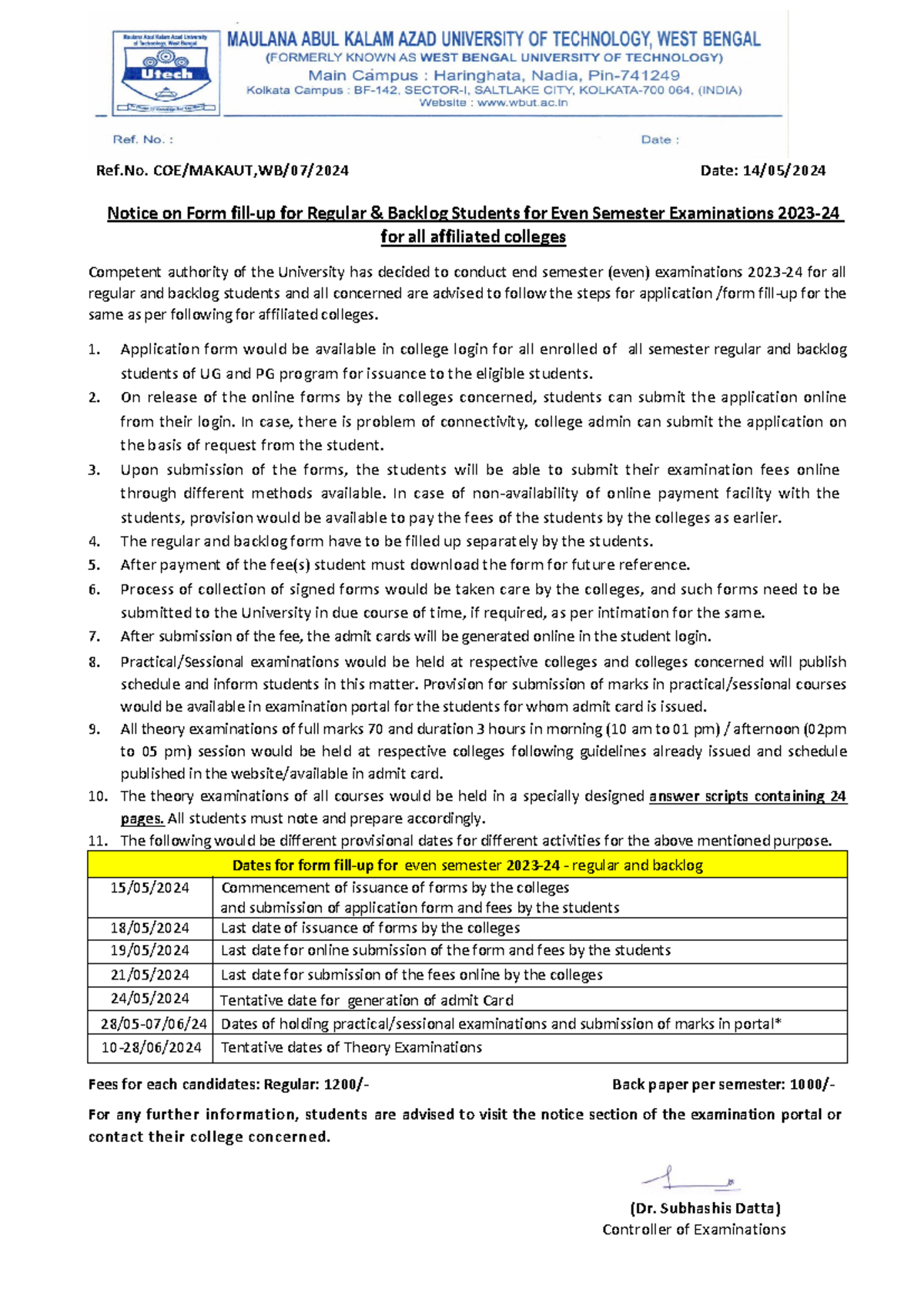 Notice on Form fill-up for Regular & Backlog Students for Even Semester ...