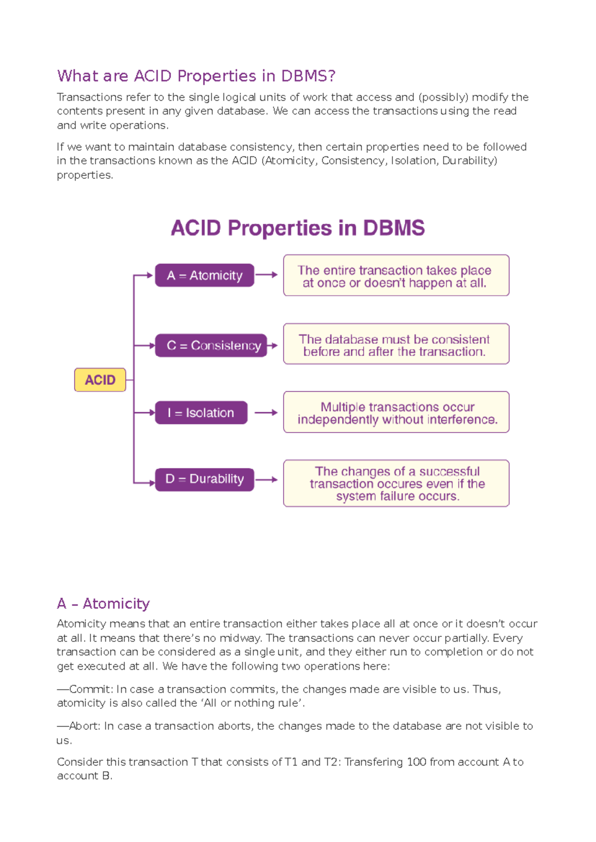 ACID - explain about the acid proteries - What are ACID Properties in DBMS? Transactions refer ...