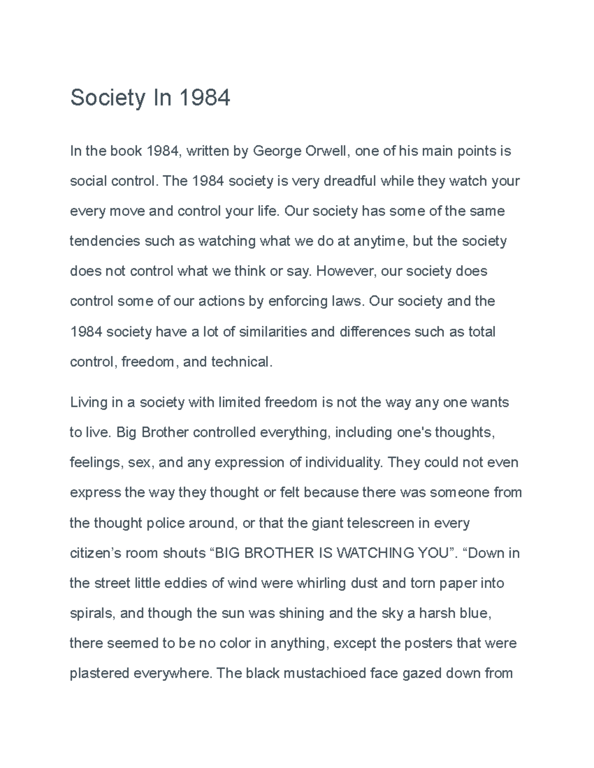 Society In 1984 - Grade: A+ - Society In 1984 In the book 1984, written ...