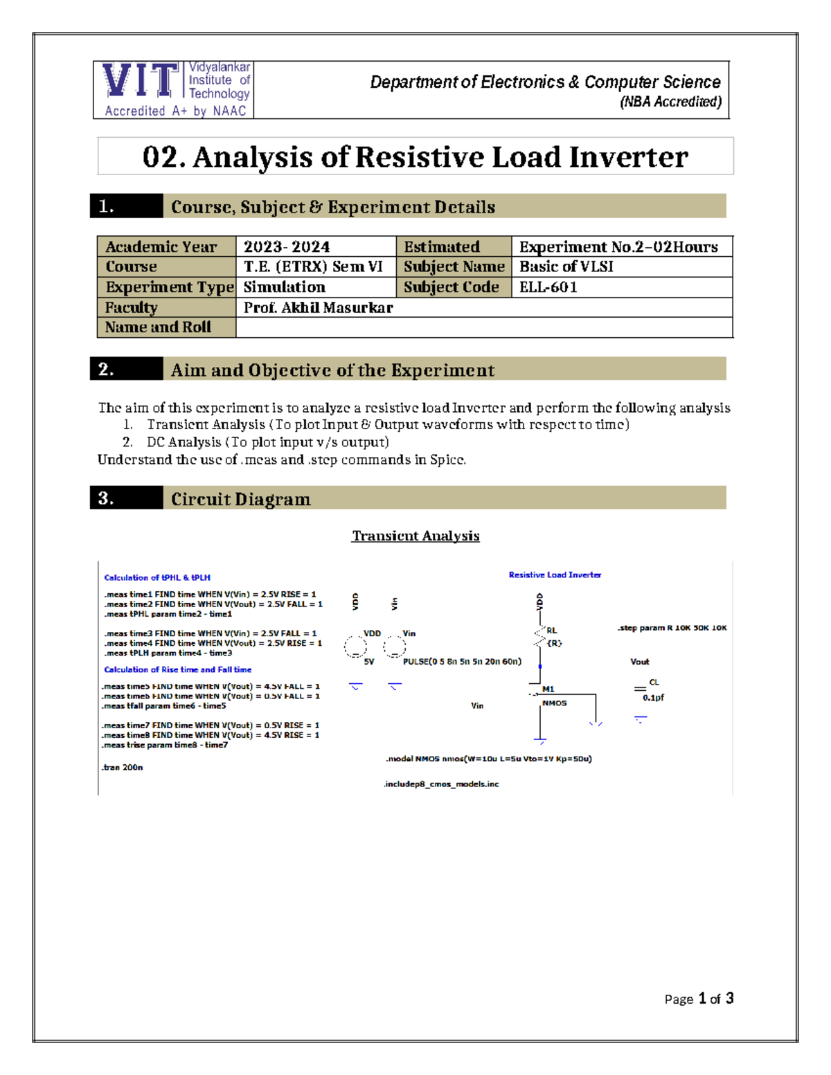 EXPT 2 - Analysis of Resistive Load Inverter - 02. Analysis of ...