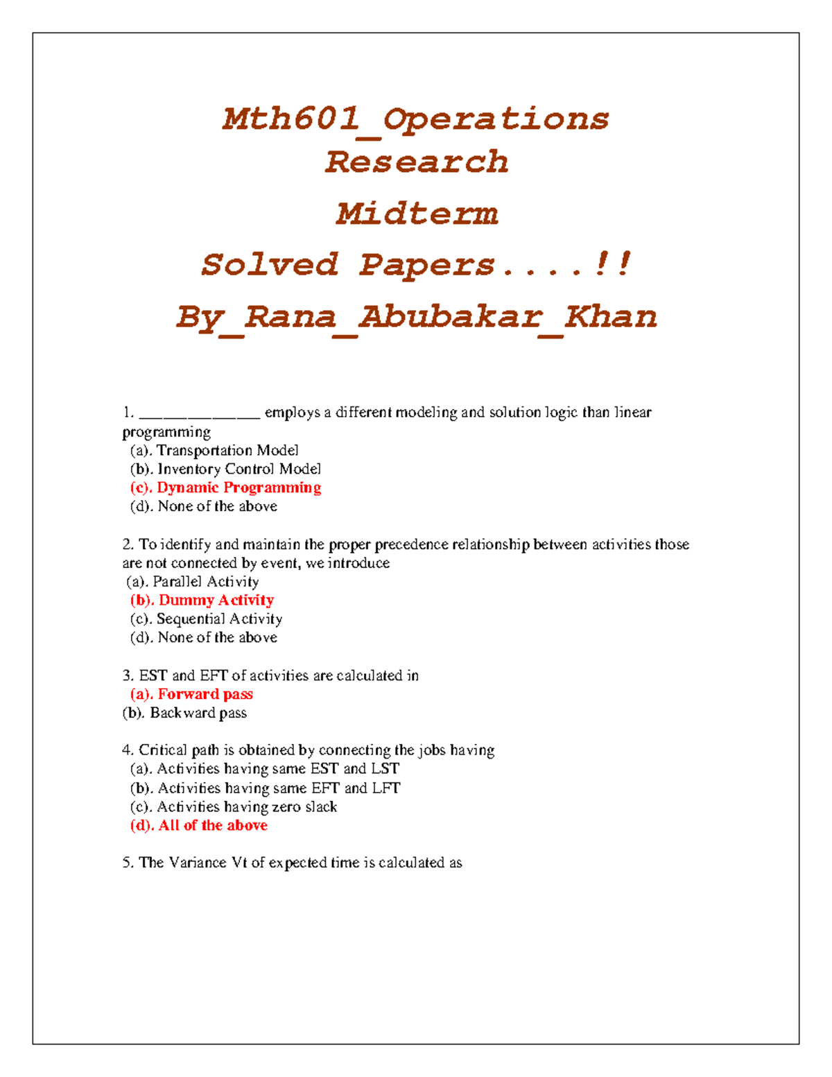 MTH601-Mid Term-sovledby Rana - Mth601_Operations Research Midterm Solved Papers....!! - Studocu