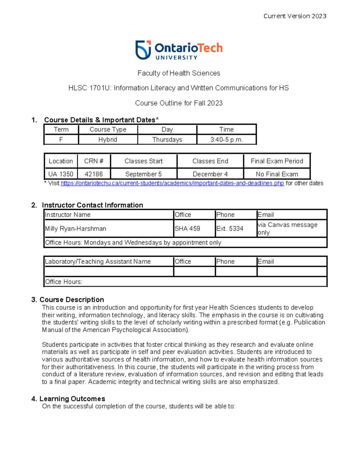 HLSC1701 Course Outline - Faculty of Health Sciences HLSC 1701U ...