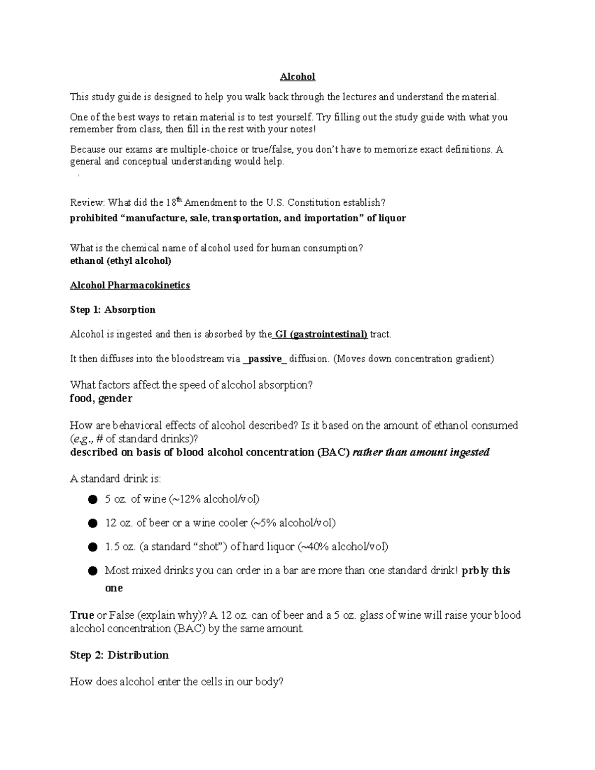 Lecture Alcohol Study Guide - Alcohol This study guide is designed to ...