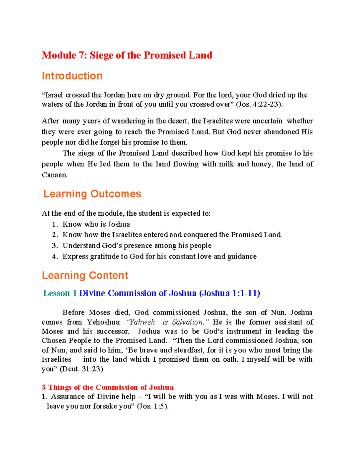 Sc Module 7 and 8 - Bible - Module 7: Siege of the Promised Land ...