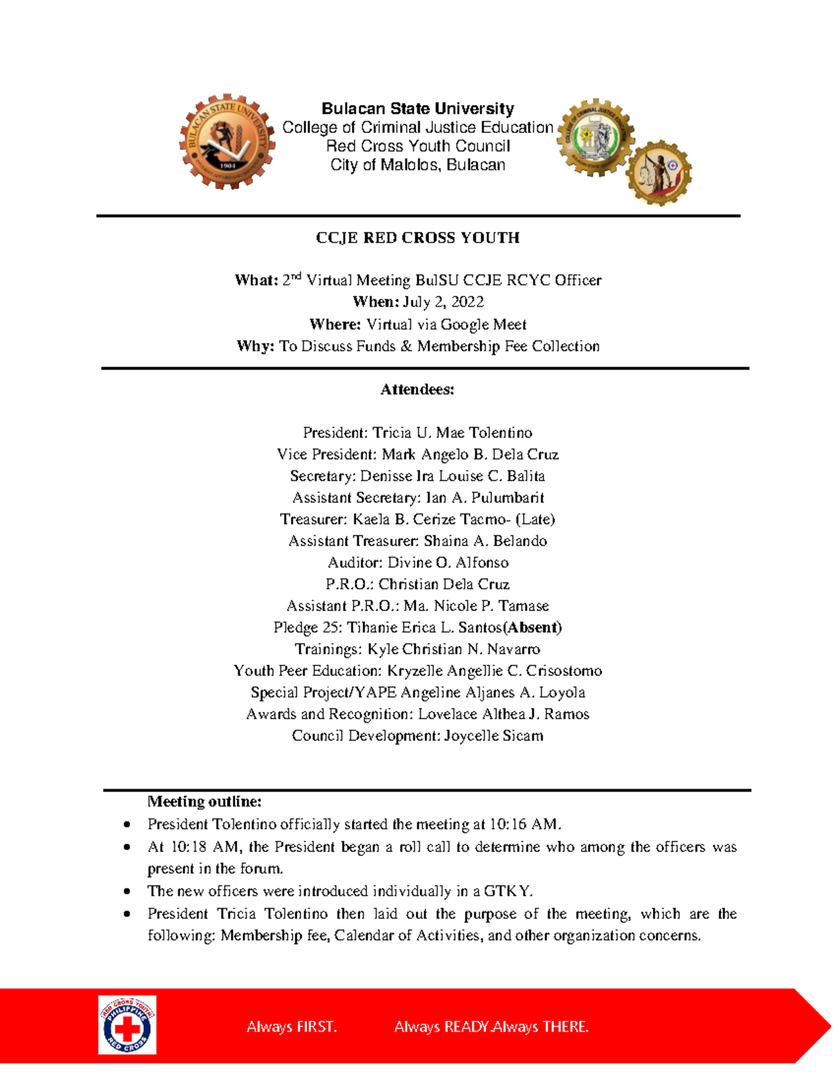 2nd Virtual Meeting Bul SU CCJE RCYC Officer - Always FIRST. Always ...