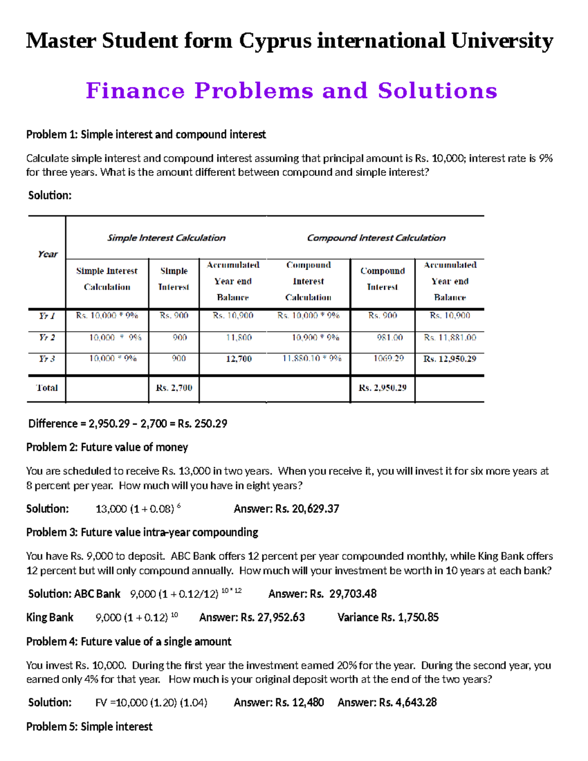 Finance Problems and Solutions Copy.docx - Master Student form Cyprus ...