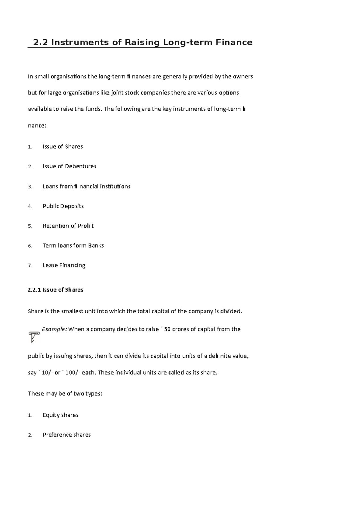 Instruments of Raising Long-term Finance - The following are the key ...