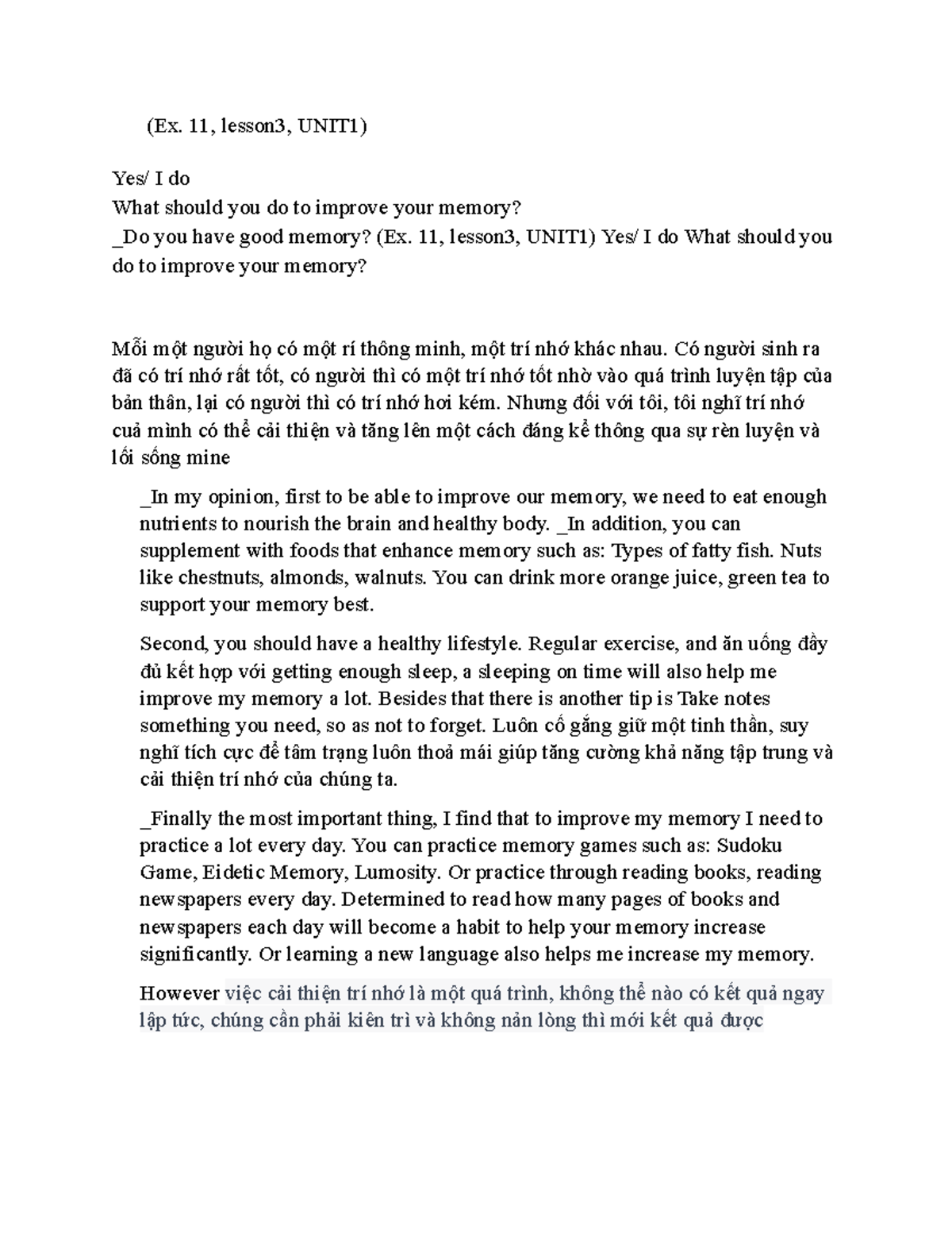 Do you have good memory - beautiful good - (Ex. 11, lesson3, UNIT1) Yes ...