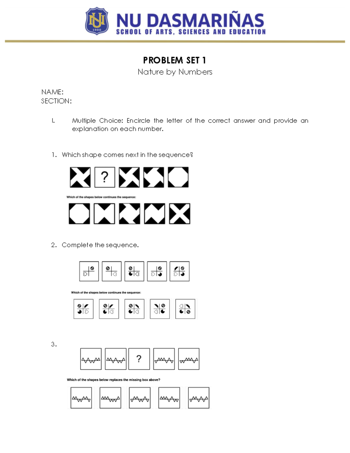 Problem SET 1 Patterns AND Sequence - Mathematics in the modern world ...
