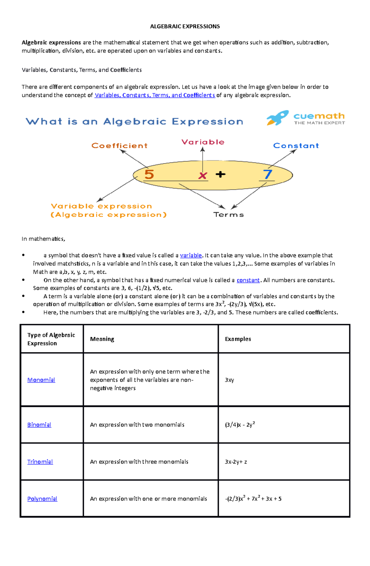 Algebraic Expressions - ALGEBRAIC EXPRESSIONS Algebraic expressions are ...