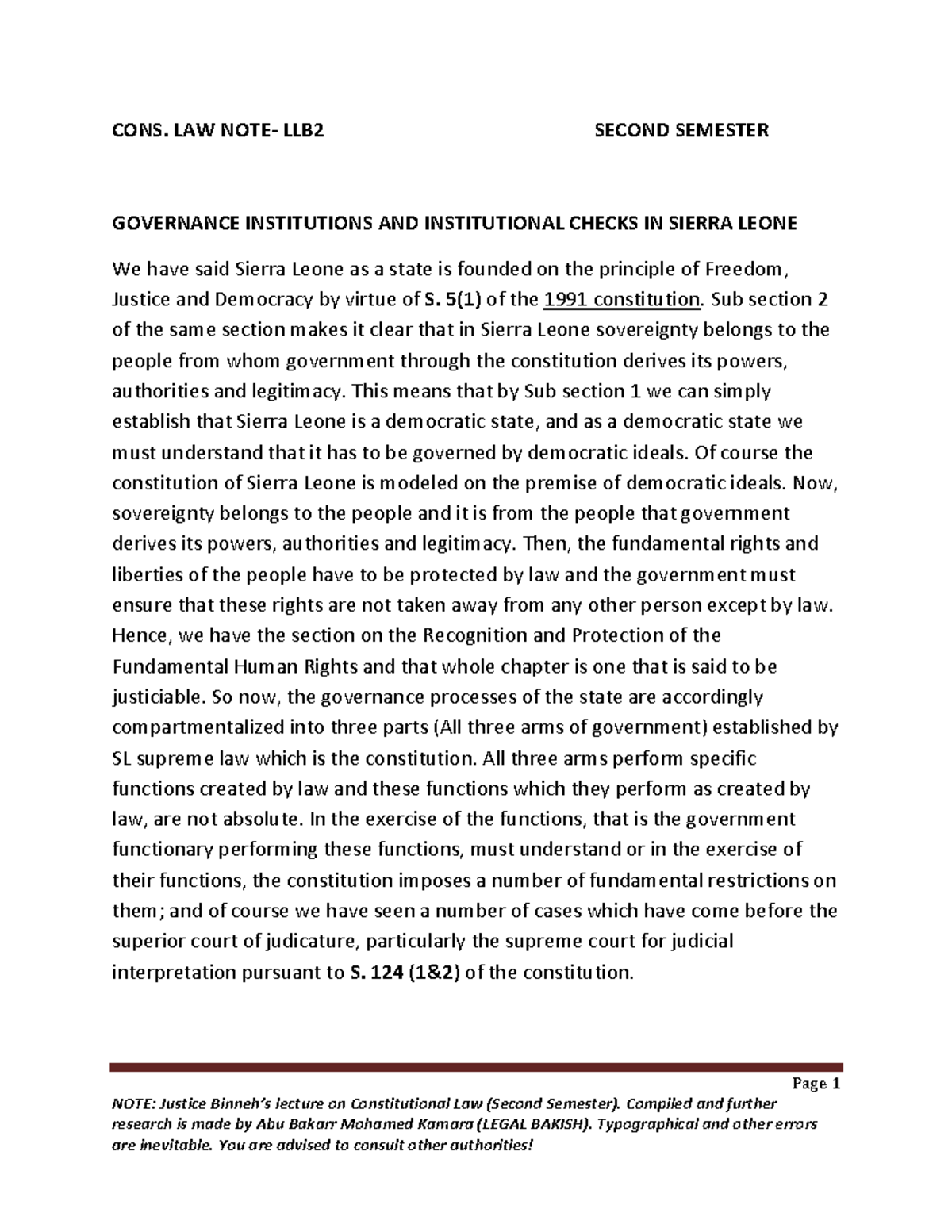 Constitutional LAW- 2 - Constitution - Page 1 NOTE: Justice Binneh’s ...