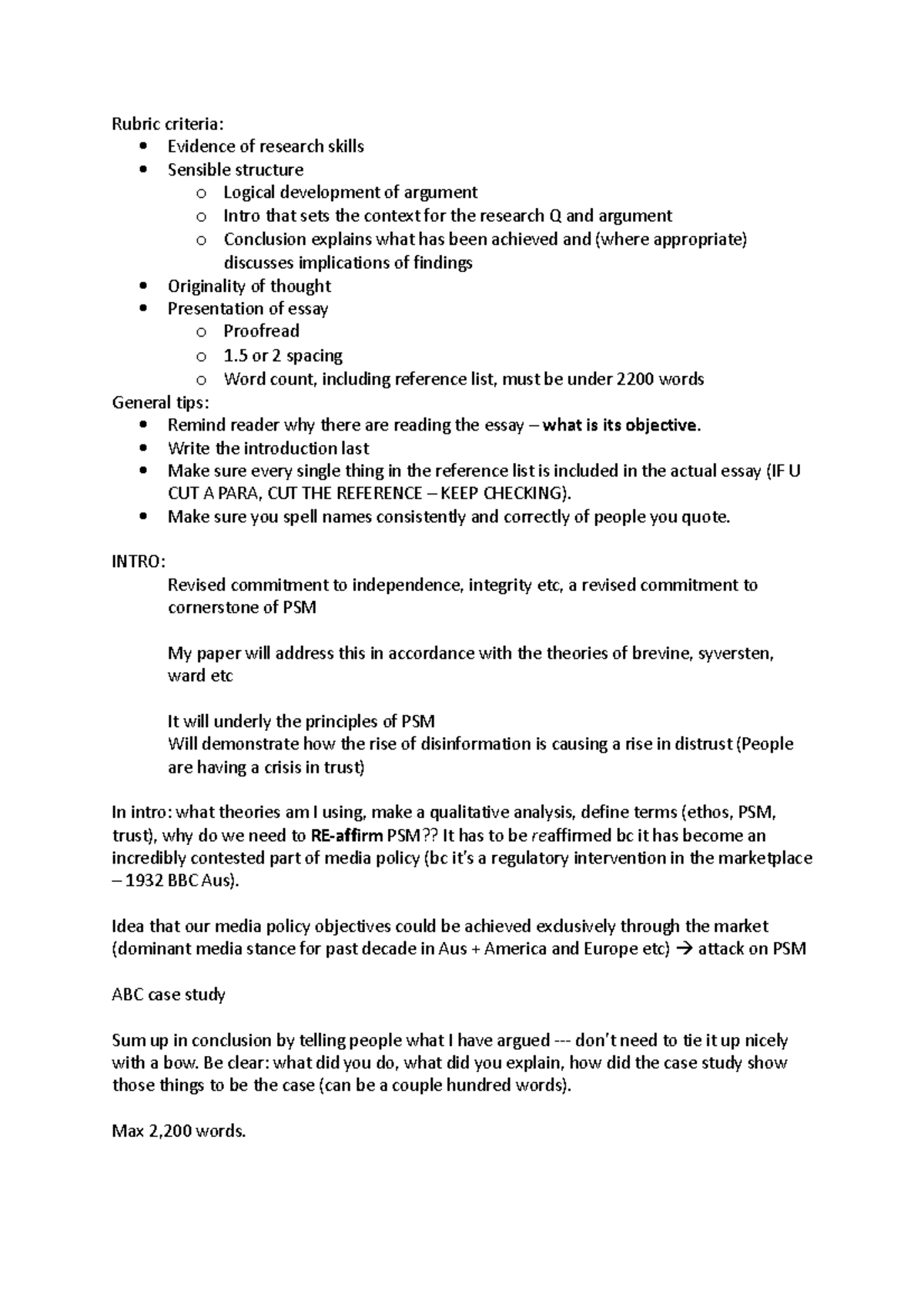 Media Essay Tips - Rubric criteria: Evidence of research skills ...
