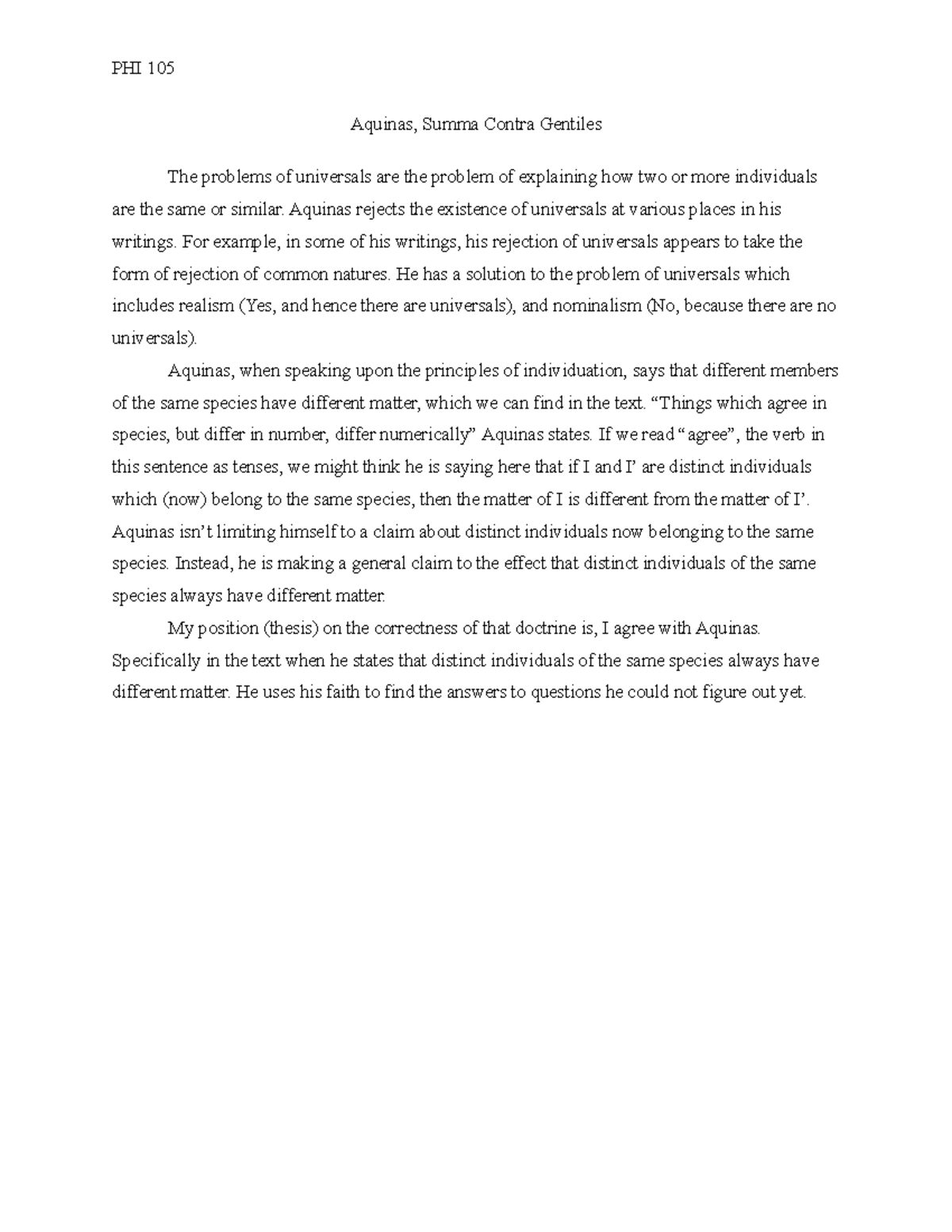 PHI 105 short essay - PHI 105 Aquinas, Summa Contra Gentiles The ...
