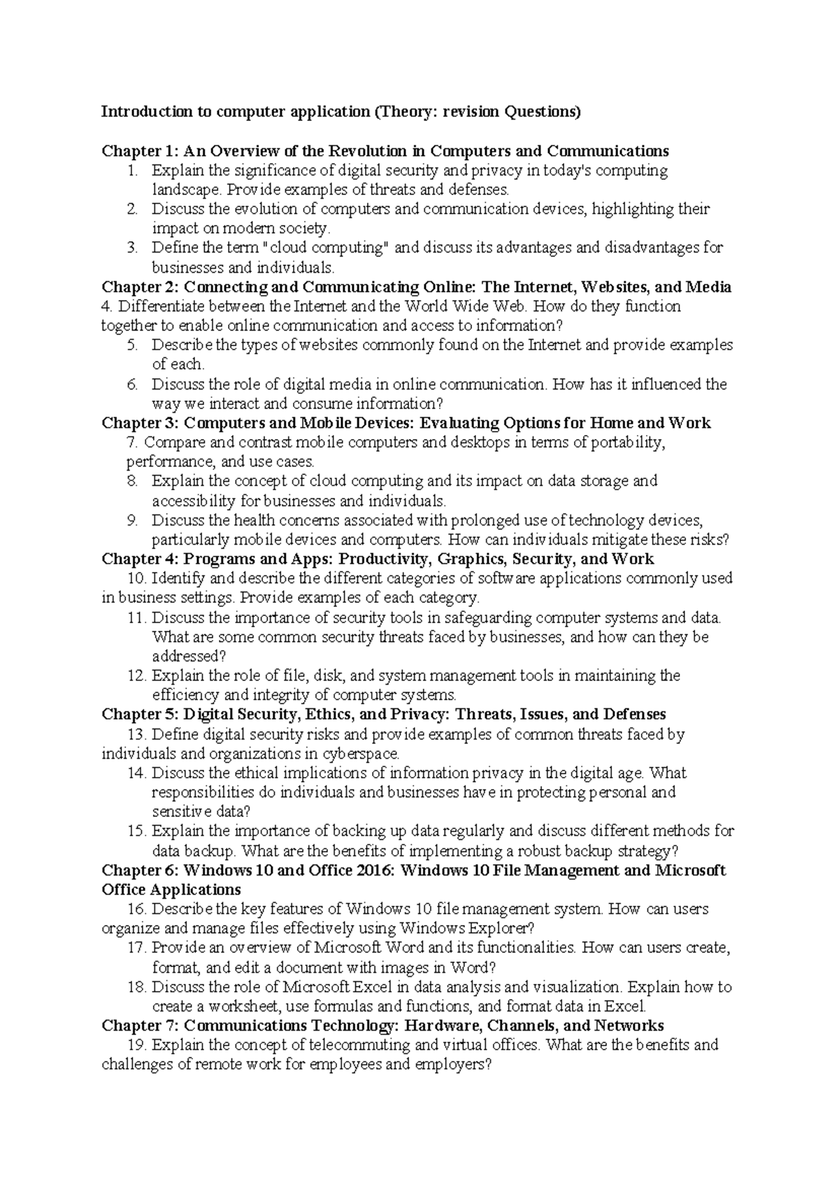 Introduction to computer application Revision Question - Introduction to computer application ...