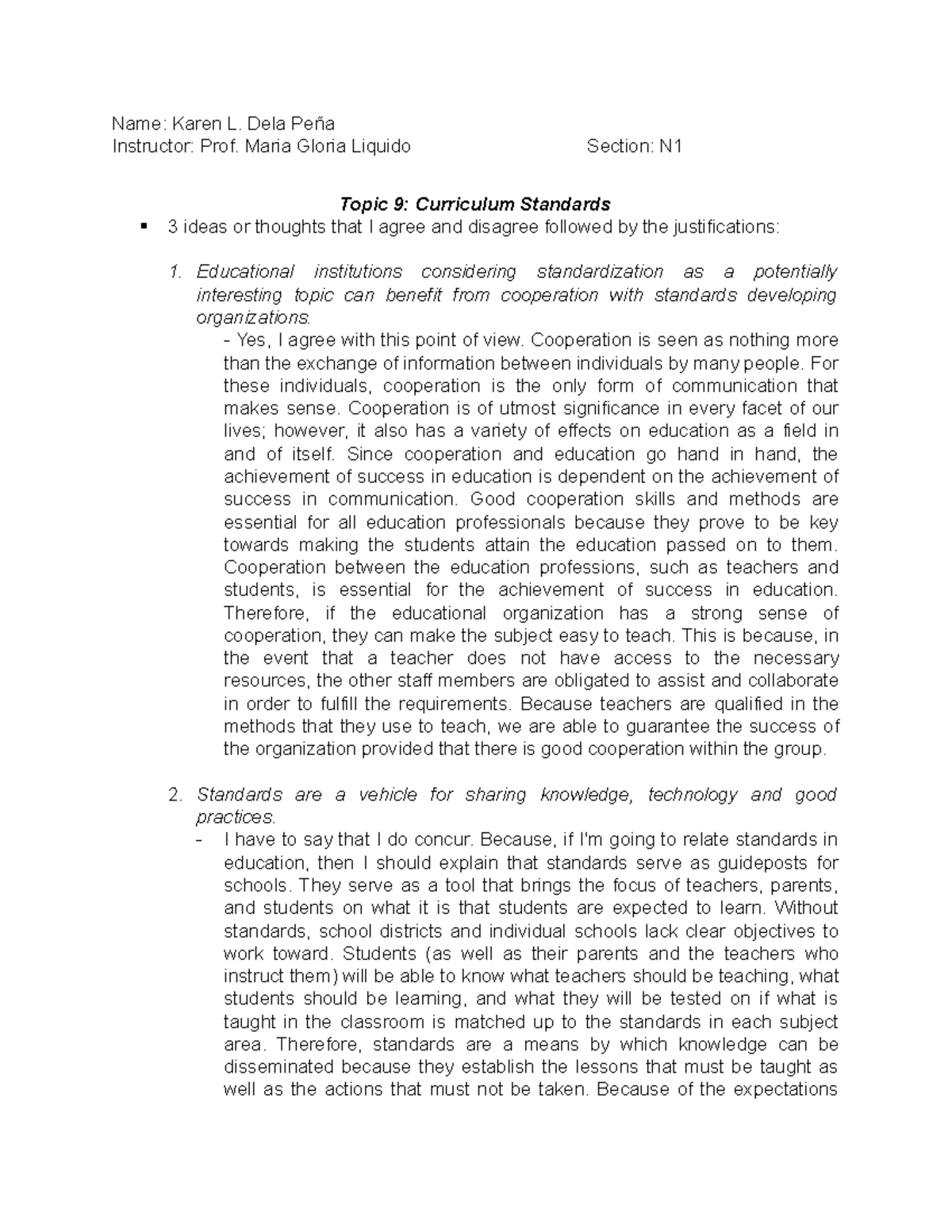 DE LA PENA, Karen L EDUC 108- N1 Topic 9- Curriculum Standards - Name ...