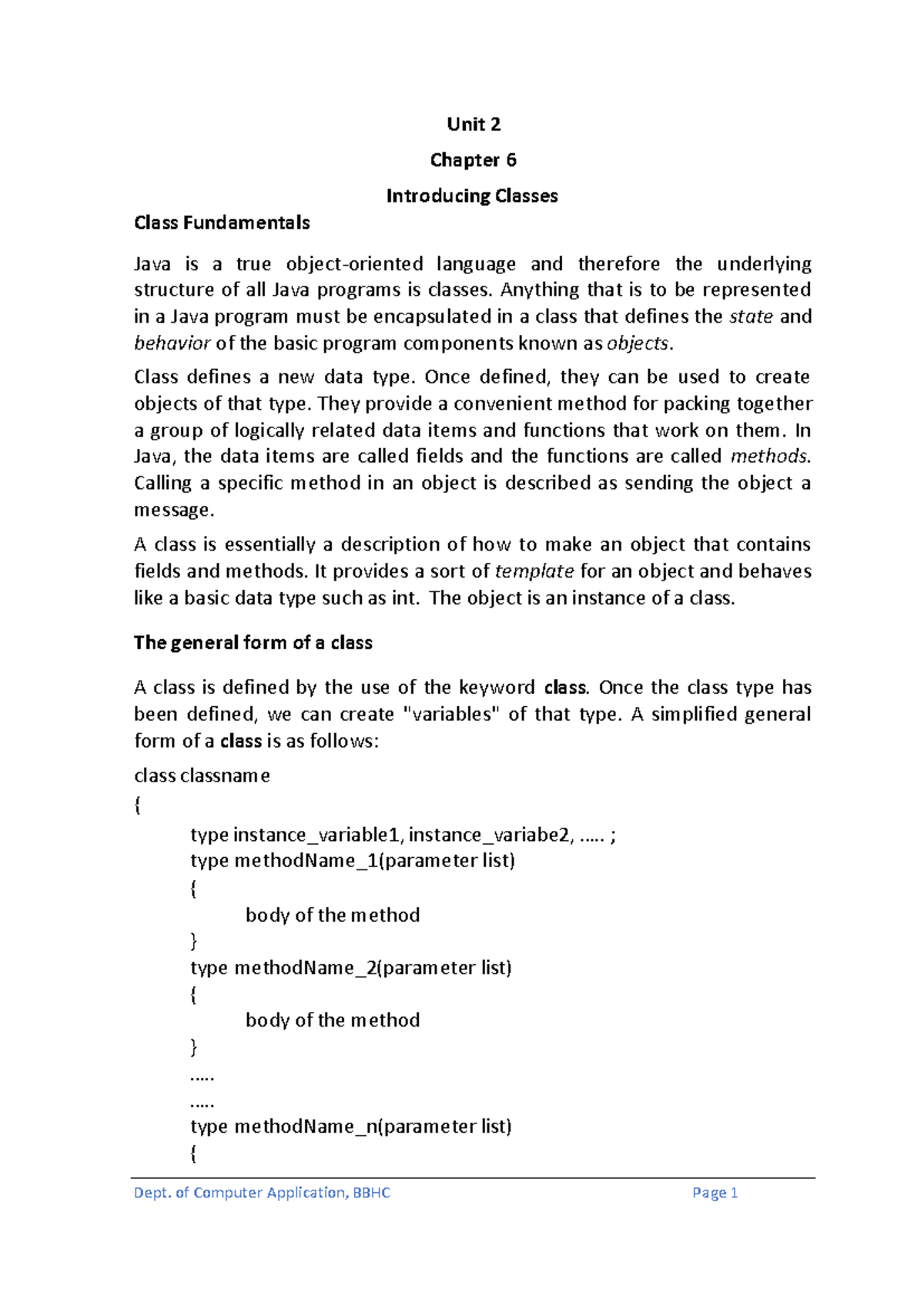 Unit 2 Classandobjects Bca Operating Systems Class Fundamentals Unit 2 Chapter 6
