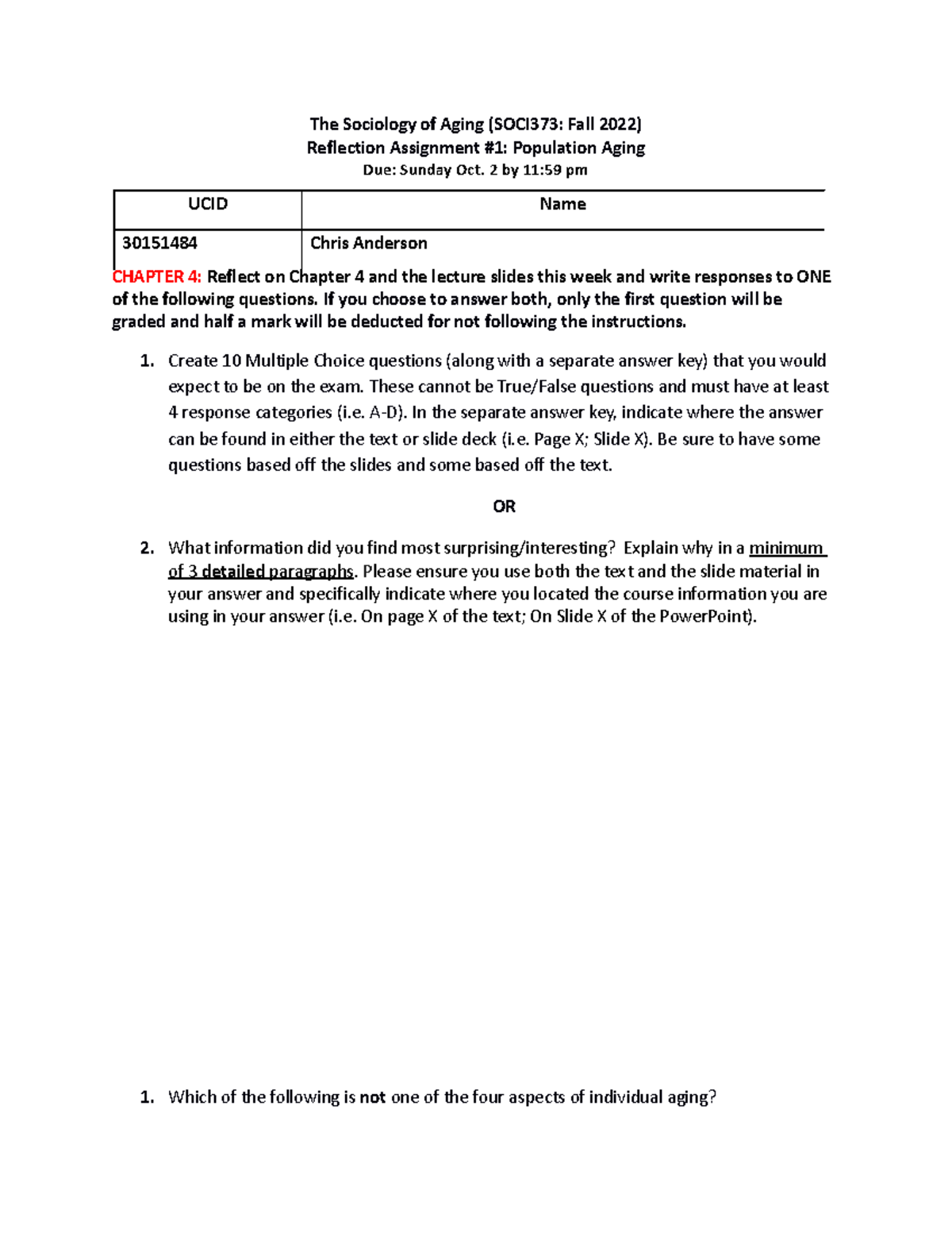 Reflection Assignment #1 - The Sociology of Aging (SOCI373: Fall 2022 ...