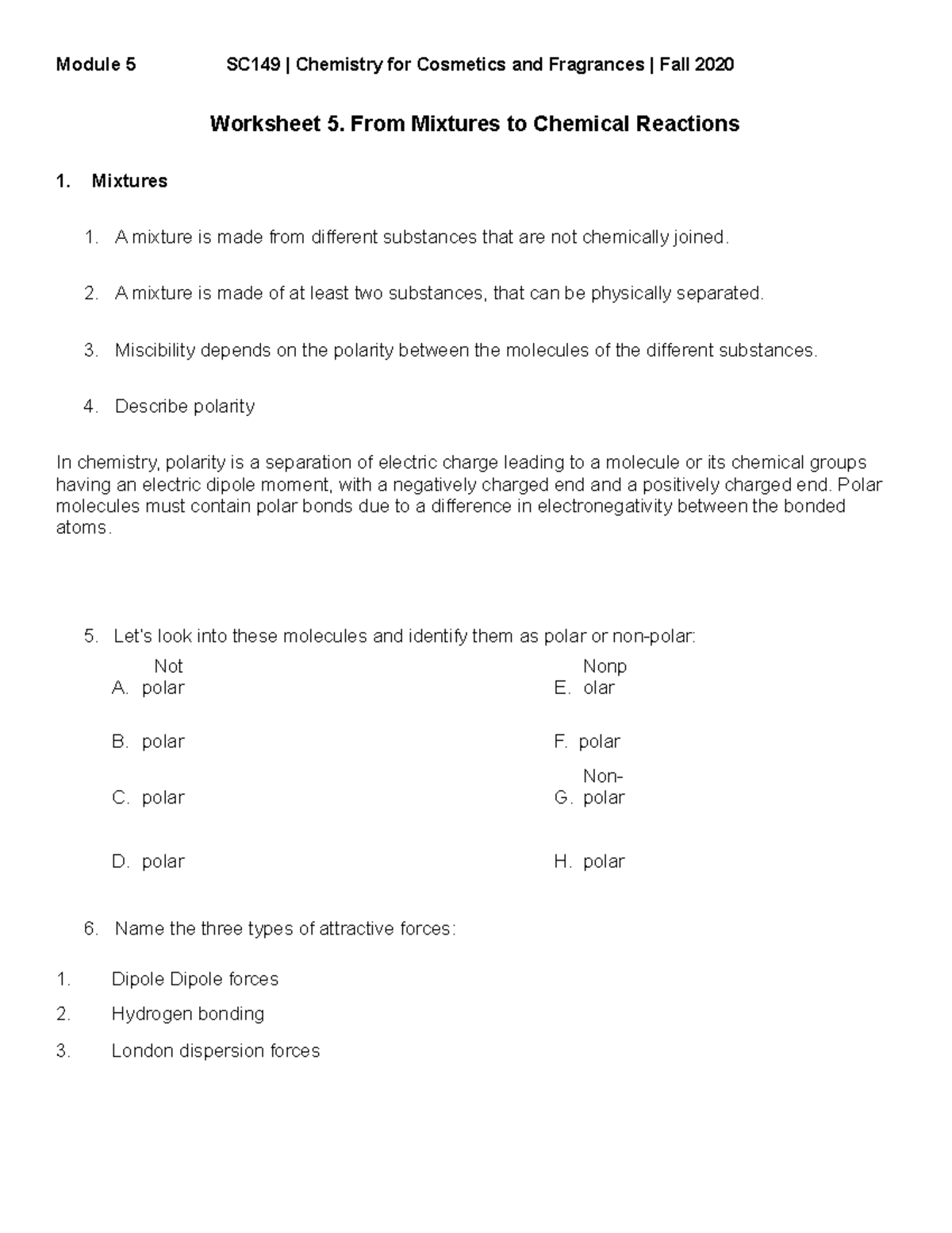 Worksheet 5 - Worksheet 5. From Mixtures to Chemical Reactions 1 ...