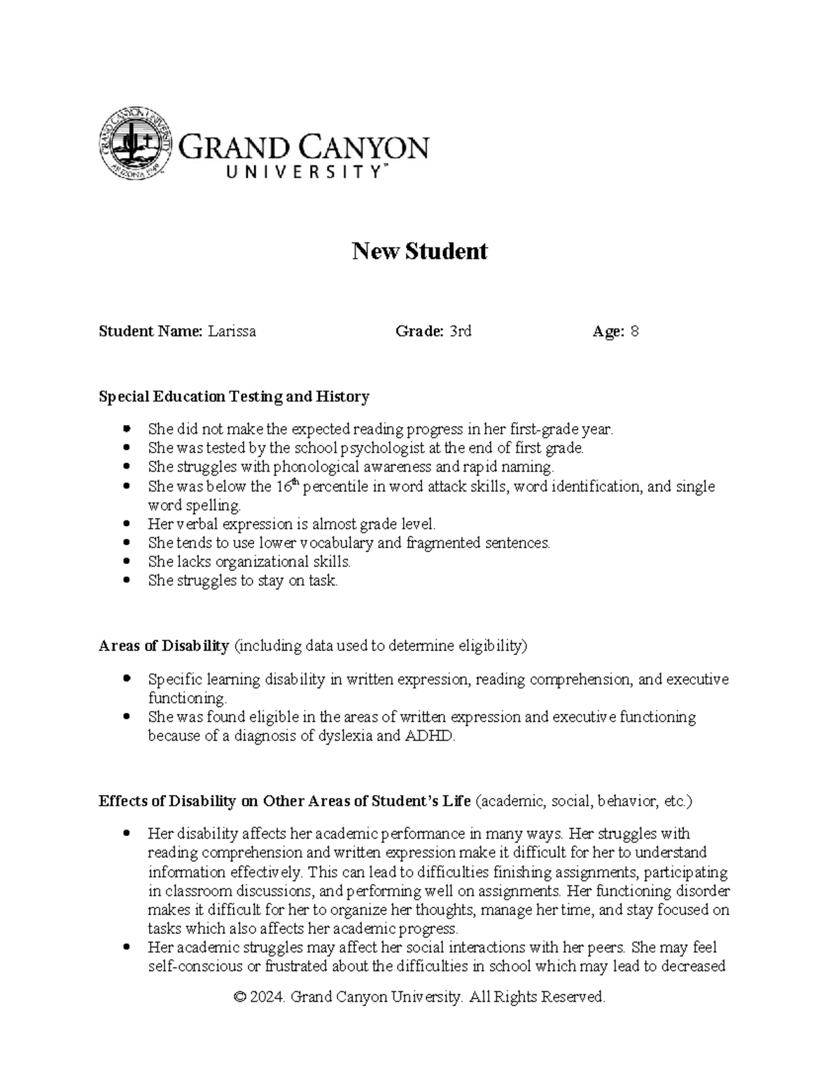 SPD-208 RS T6 New Student - New Student Student Name: Larissa Grade ...