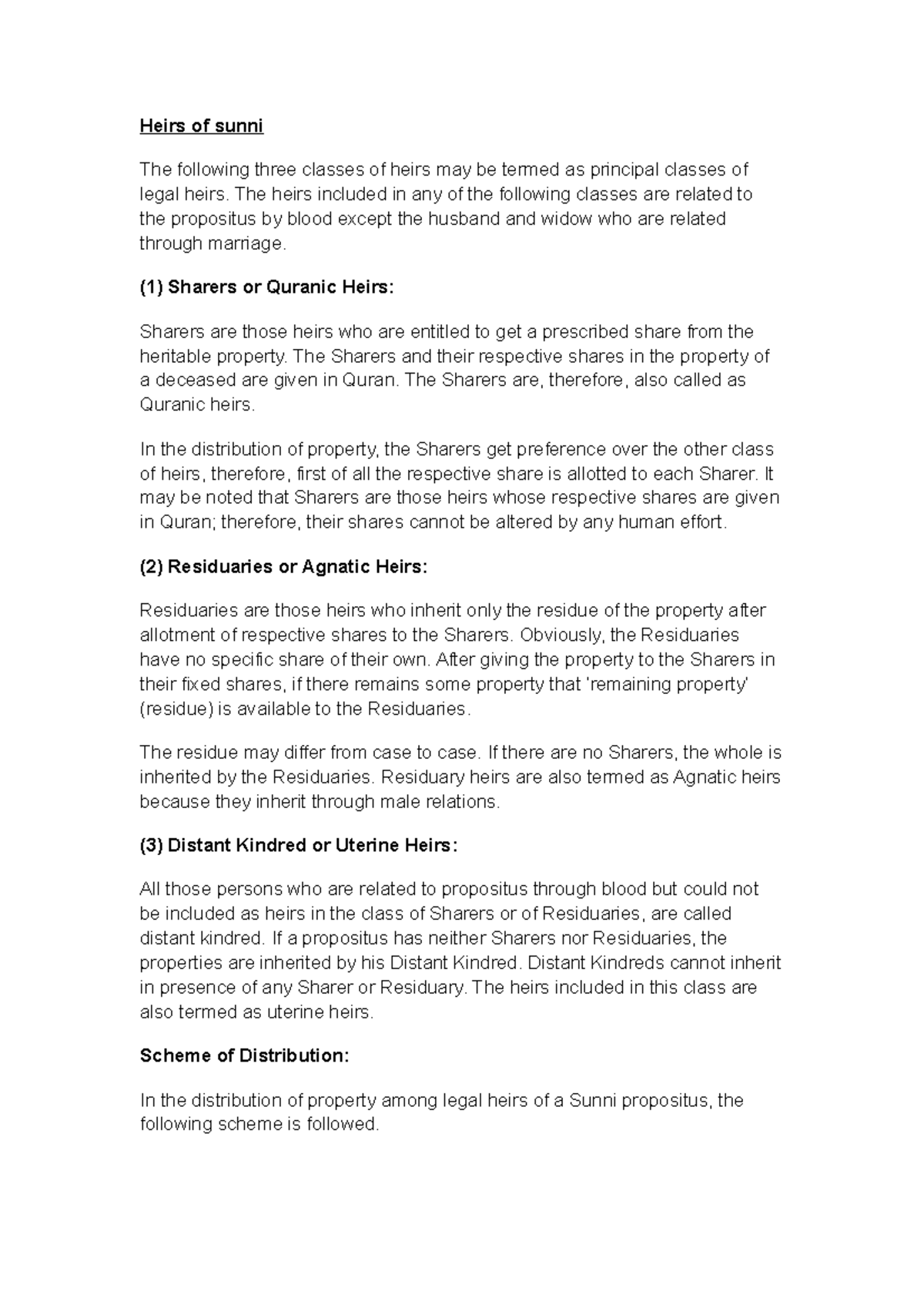 Inheritance under muslim law - Heirs of sunni The following three ...