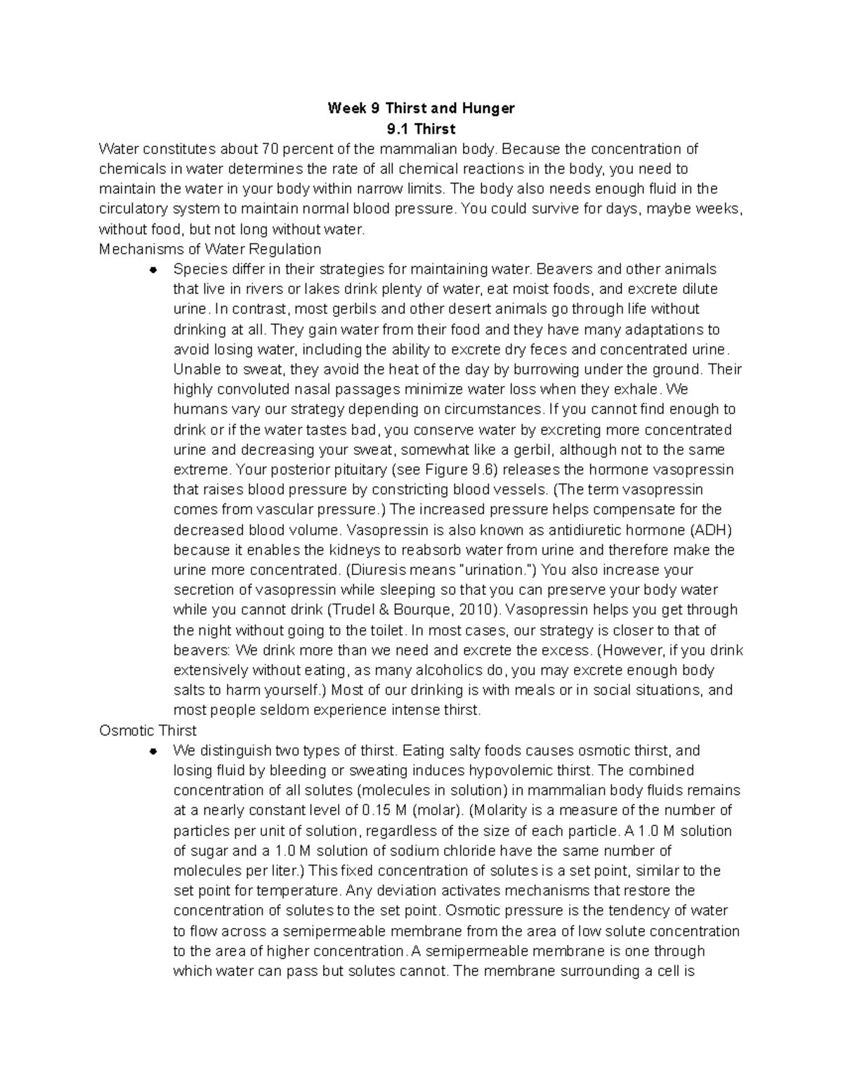 Week 9 Thirst and Hunger Notes - Week 9 Thirst and Hunger 9 Thirst ...