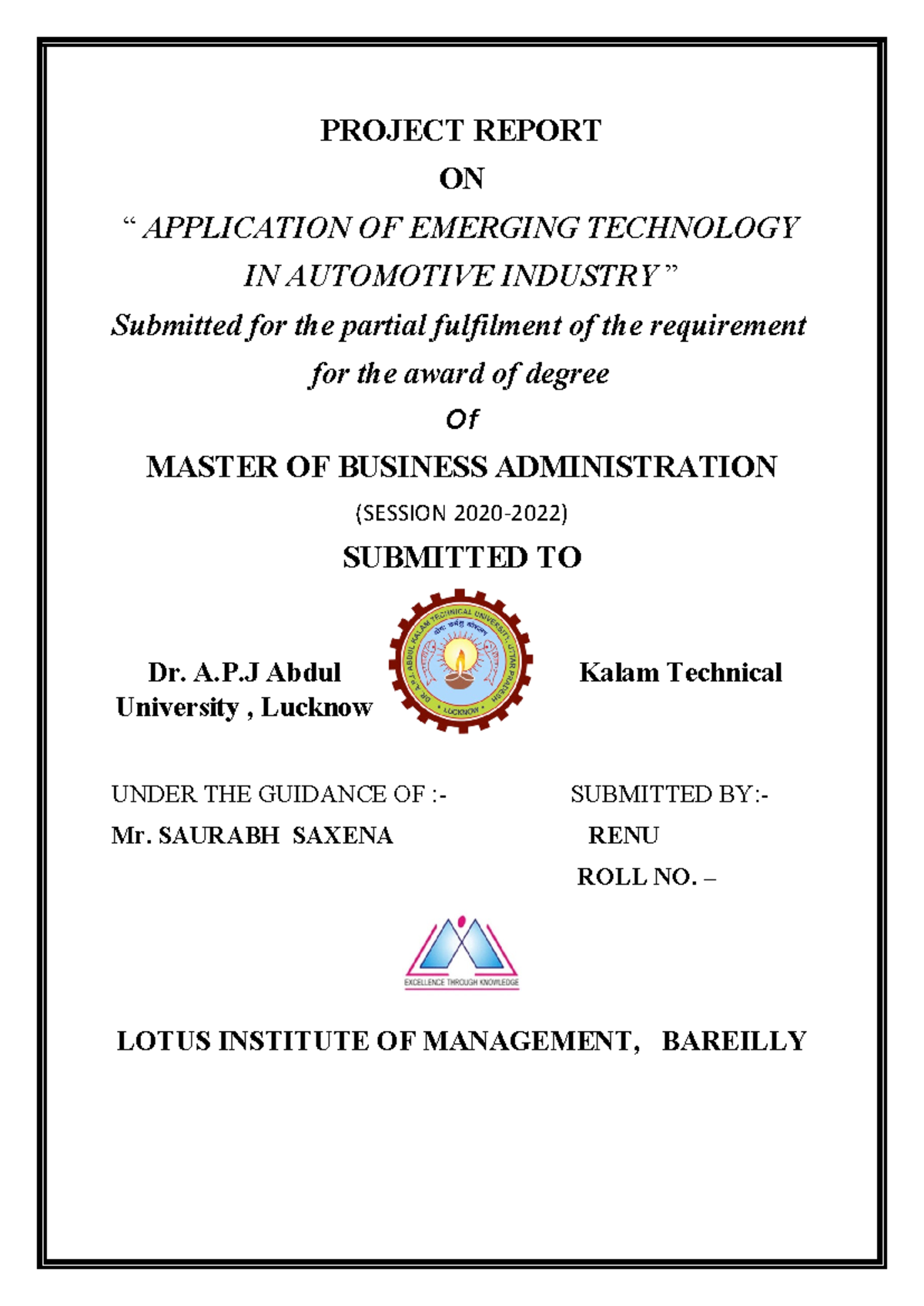 MBA-2nd semester - PROJECT REPORT ON “ APPLICATION OF EMERGING ...