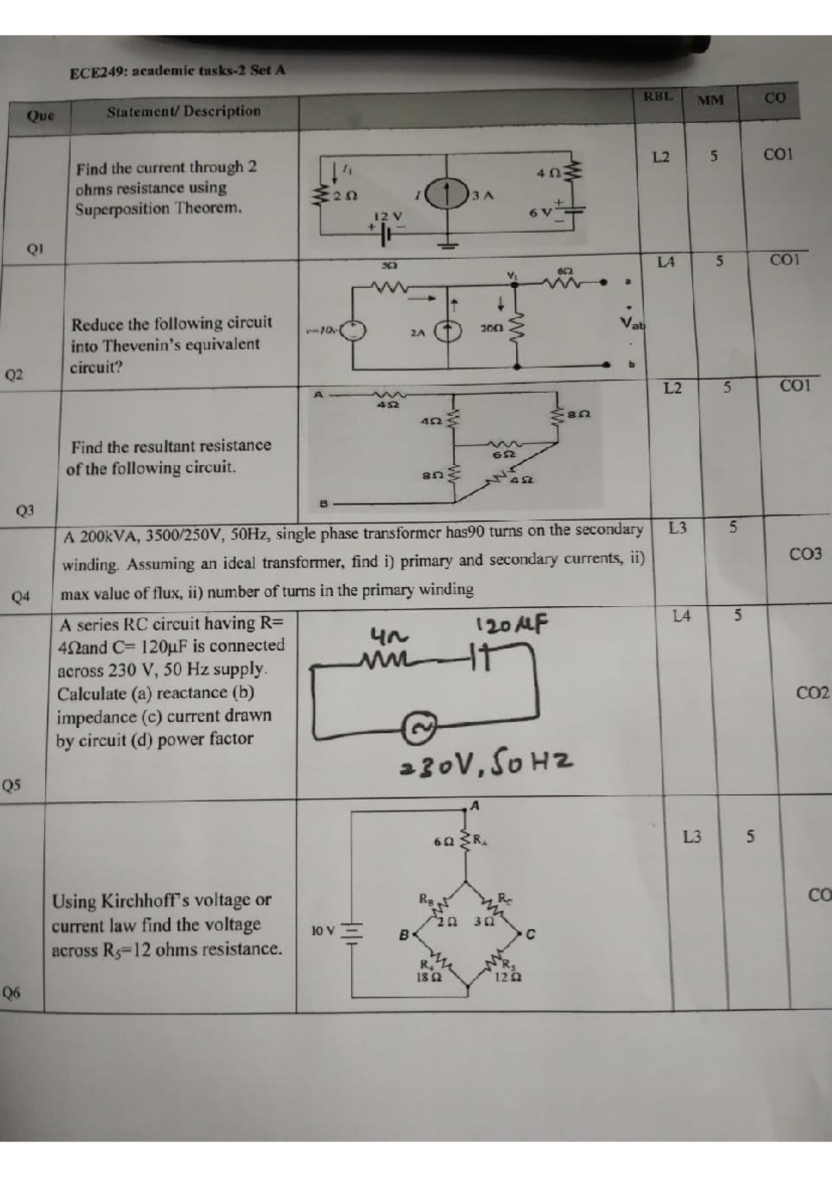 Ece ca 1 PYQs - ...... - ECE249: academic Set A RBL MM CO Que Description L2 5 CO1 Find the ...
