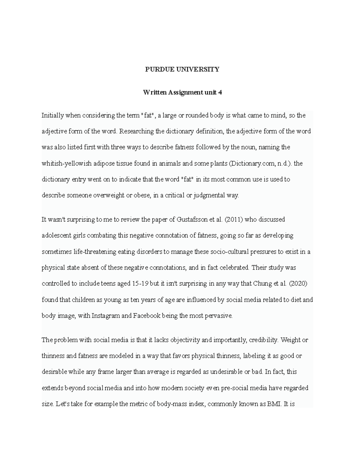 Health Psychology PSY 25100 Written Assignment unit 4 - PURDUE UNIVERSITY Written Assignment ...
