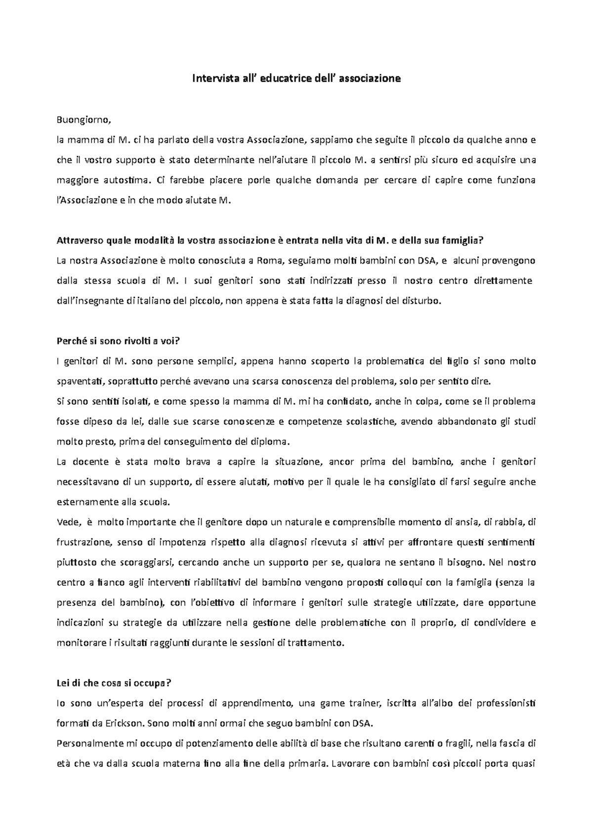 processo di integrazione alunno con dsa - Intervista all’ educatrice ...