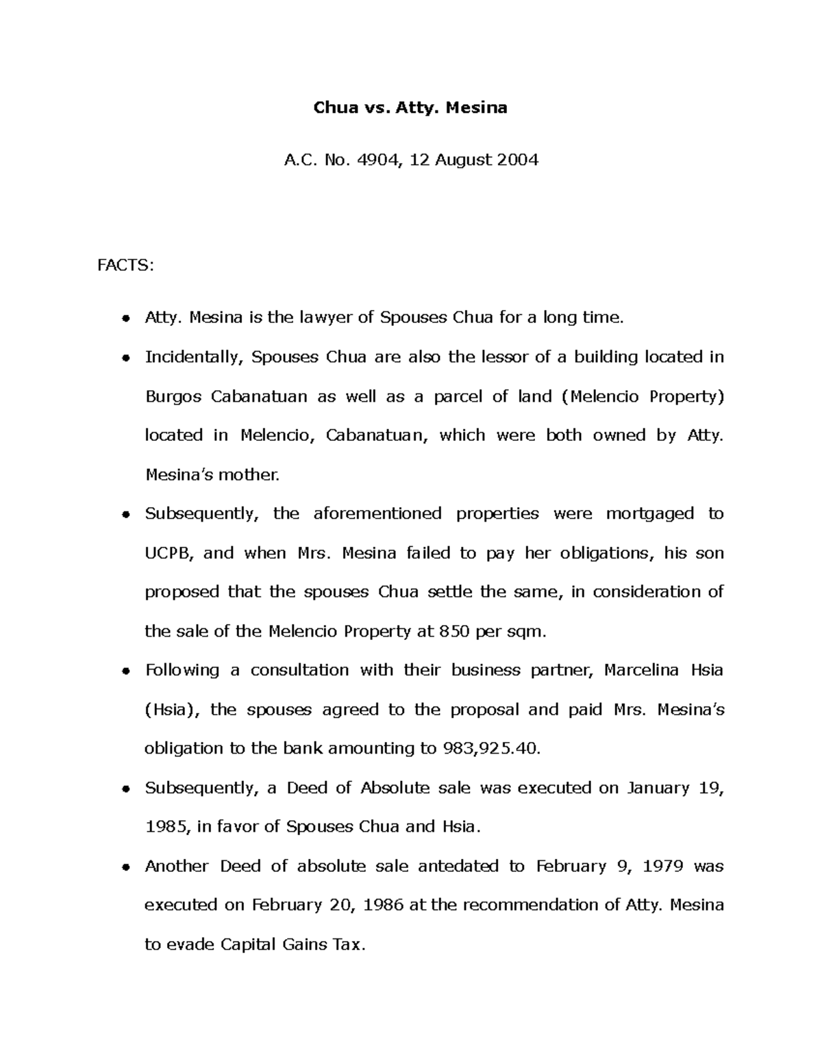 Chua vs. Atty. Mesina A.C. No. 4904, 12 August 2004 - Chua vs. Atty ...