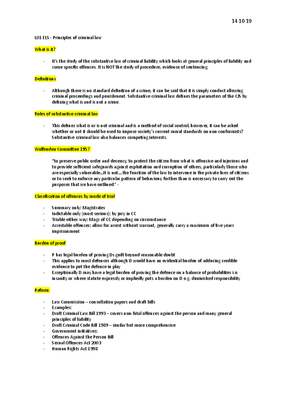 L01 ELS - Lecture notes 1 - 14 10 19 L01 ELS - Principles of criminal ...
