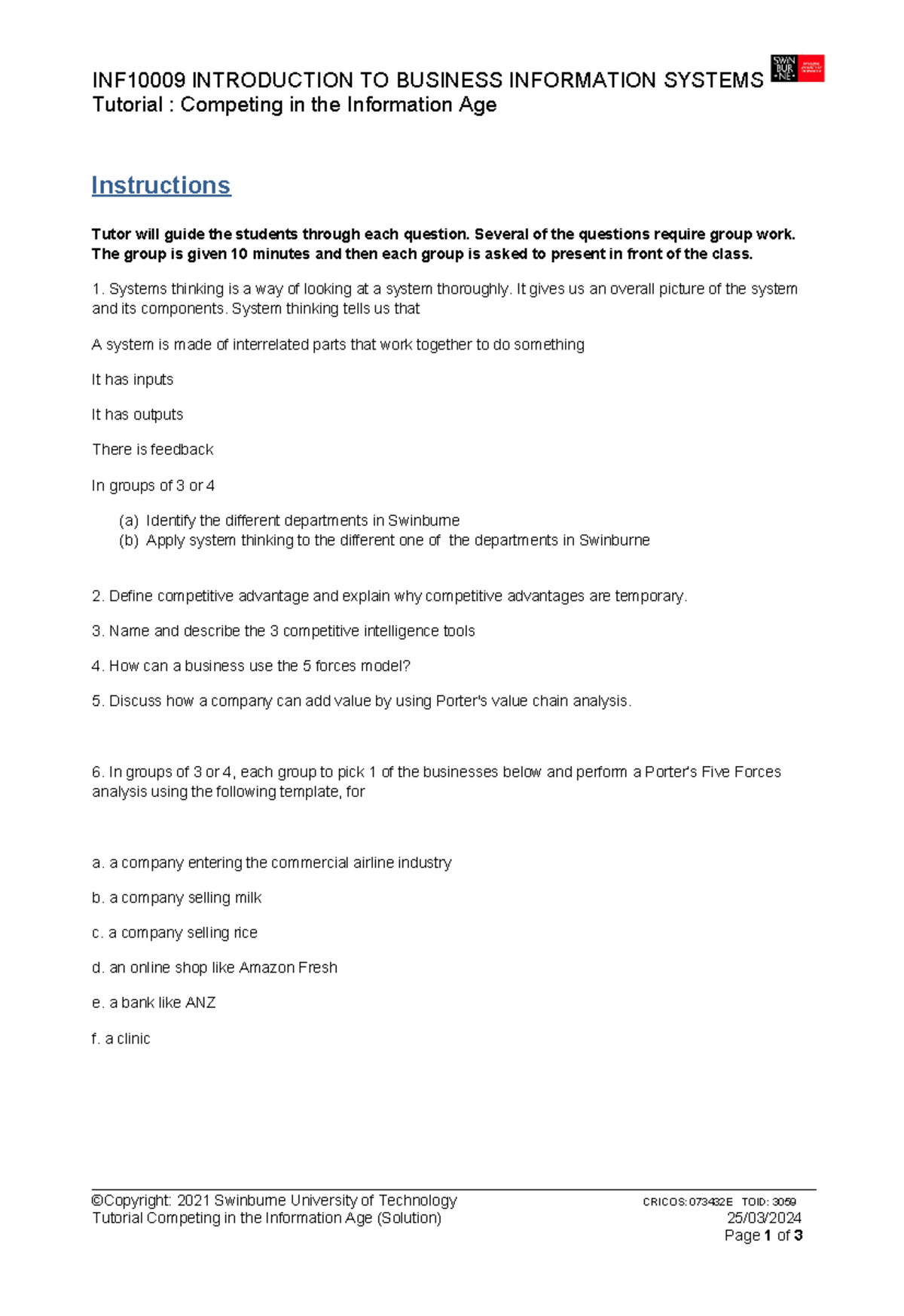 IBIS Tutorial Week-2 - Notes - INF10009 INTRODUCTION TO BUSINESS ...