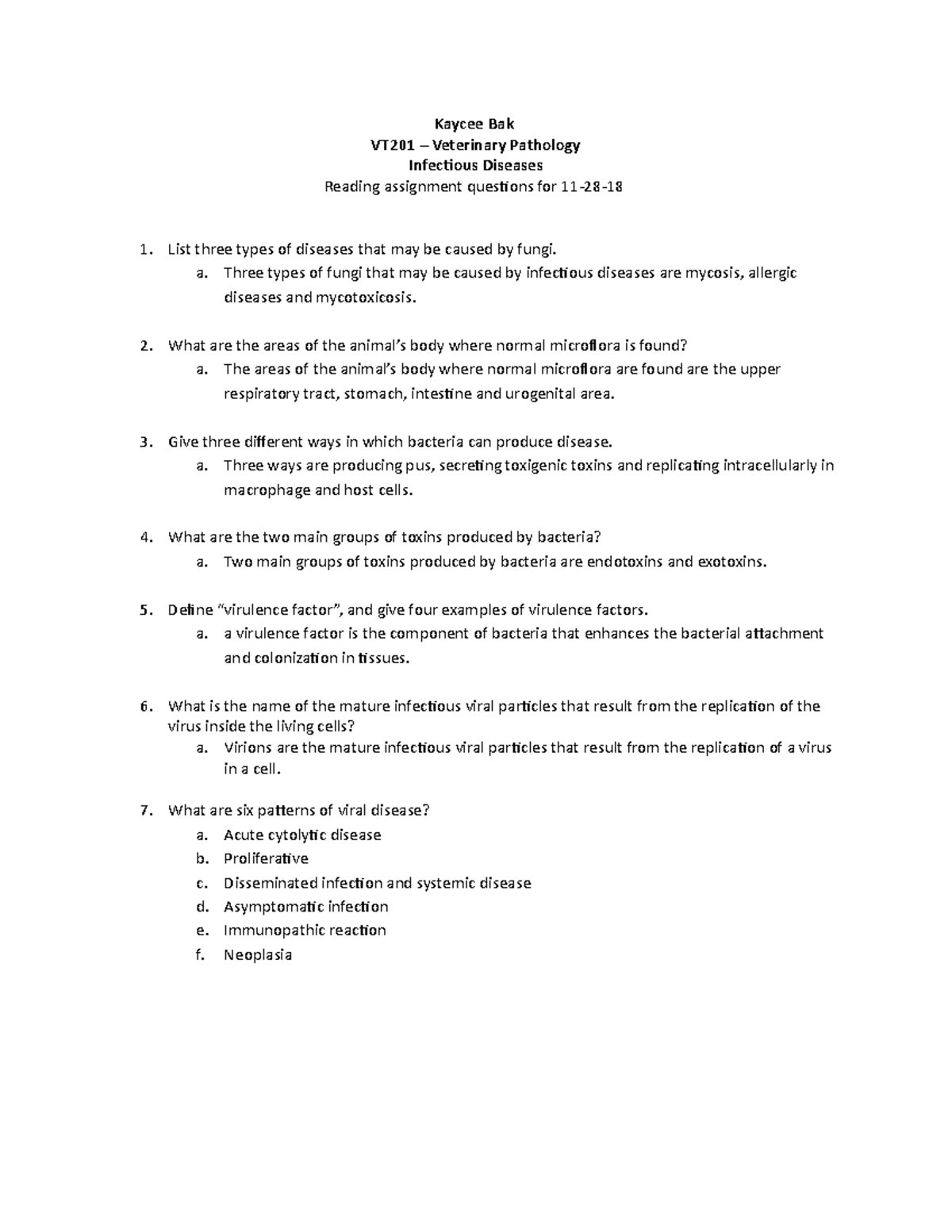 VT201 11-28-18 - RA questions - Infectious Diseases - Kaycee Bak VT201 ...