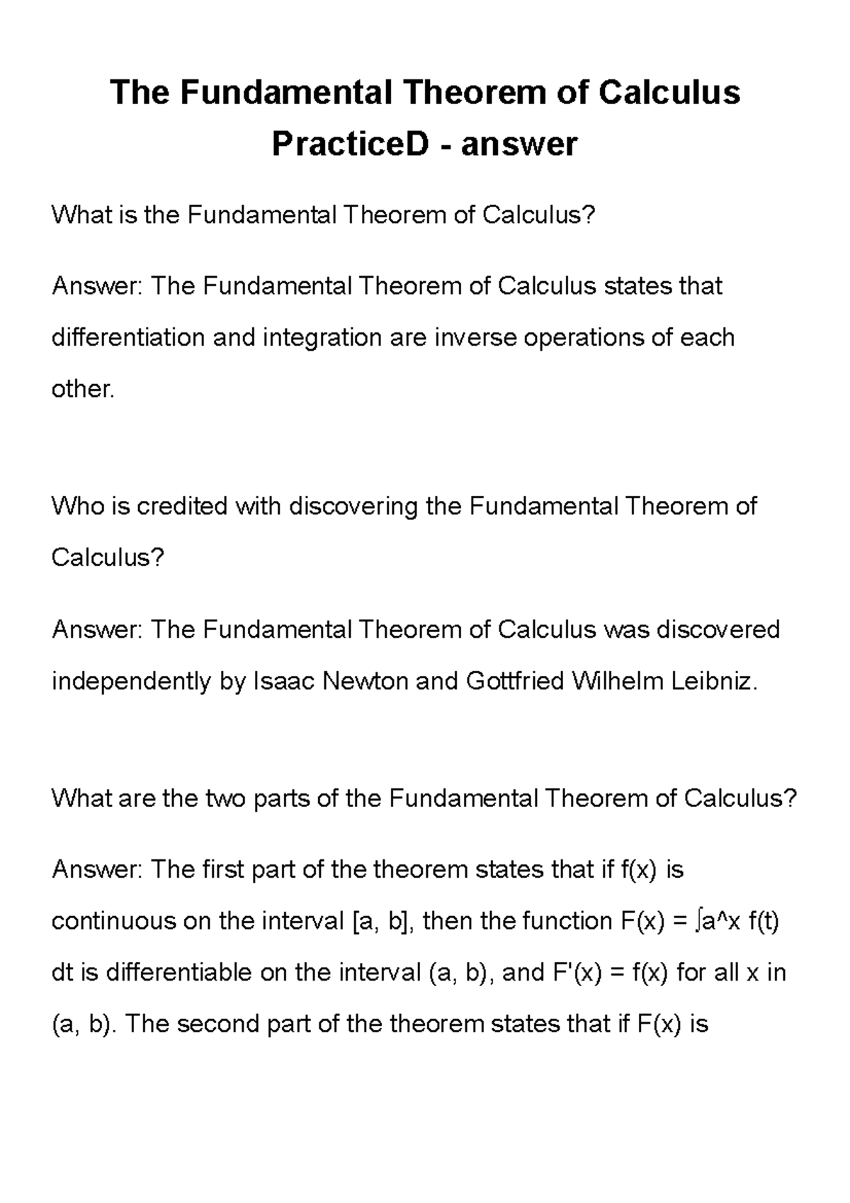 The Fundamental Theorem of Calculus Practice D - answer - The ...