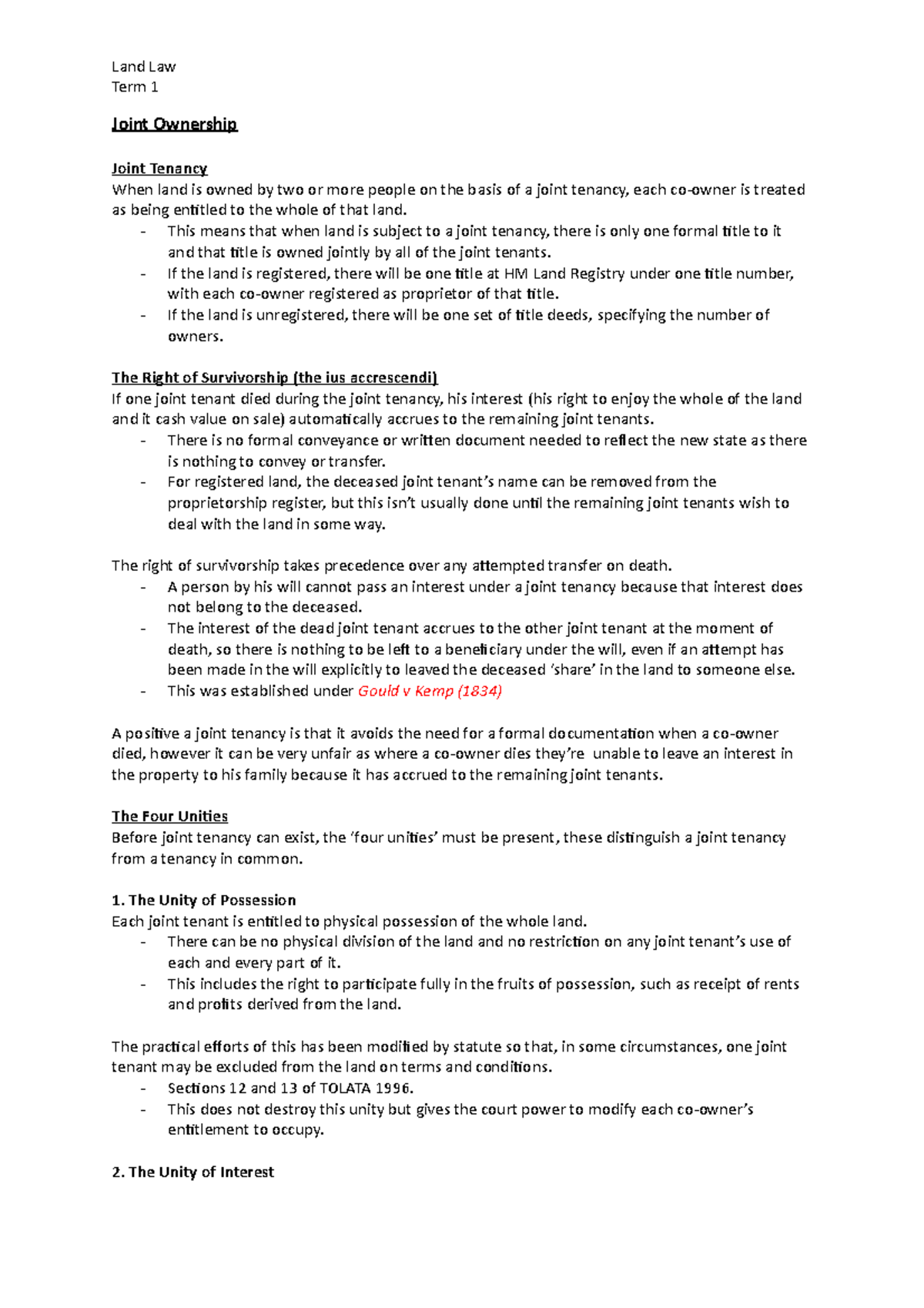 Joint Ownership - land law - Land Law Term 1 Joint Ownership Joint ...