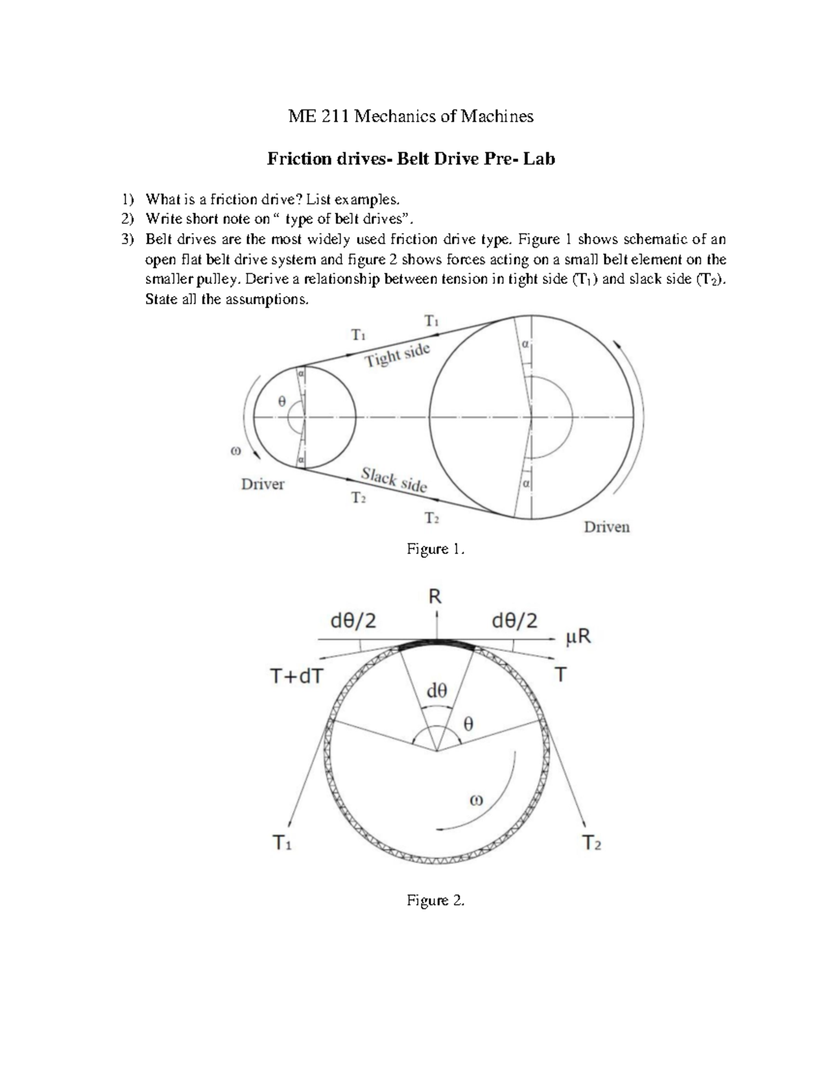 Beltdrive prelab - gives details about belt drive - ME 211 Mechanics of ...