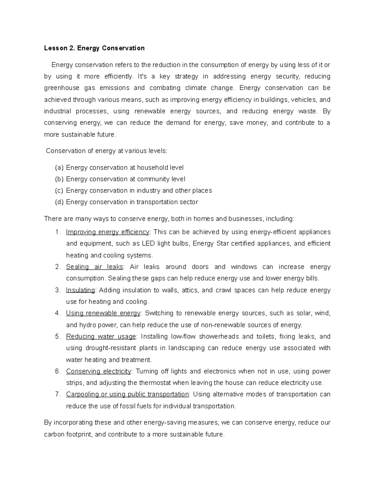 Lesson 2 Energy Conservation Lesson 2 Energy Conservation Energy Conservation Refers To The 0296