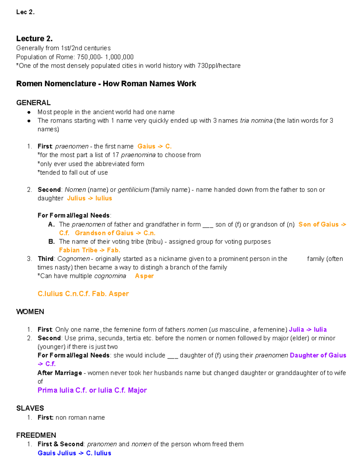 CLA1102 Roman Civilization Daily Life Lecture notes - Lec 2. Lecture 2 ...
