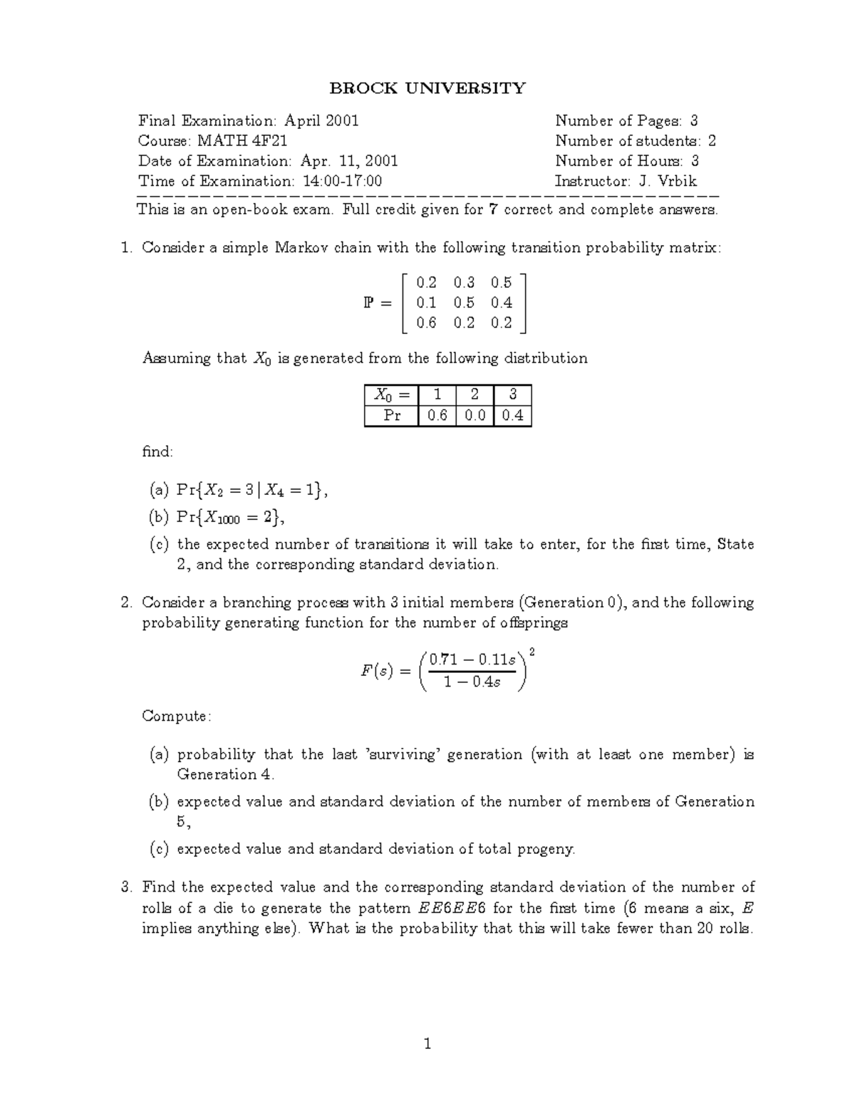 SAMPLE FINAL EXAMS 2 - BROCK UNIVERSITY Final Examination: April 2001 ...