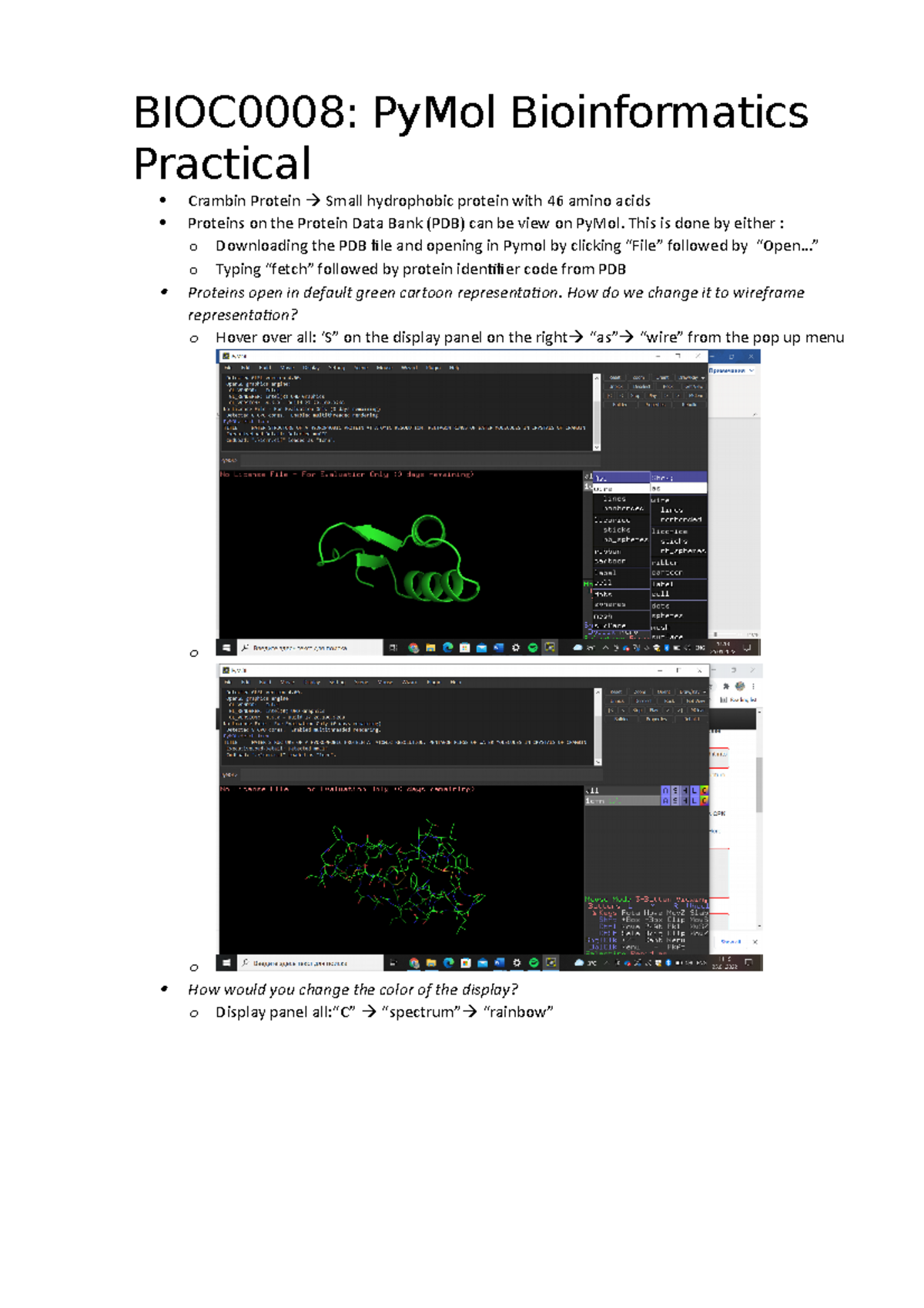 BIOC0008 Bioinformatics Pymol Practical - BIOC0008: PyMol Bioinformatics Practical Crambin ...