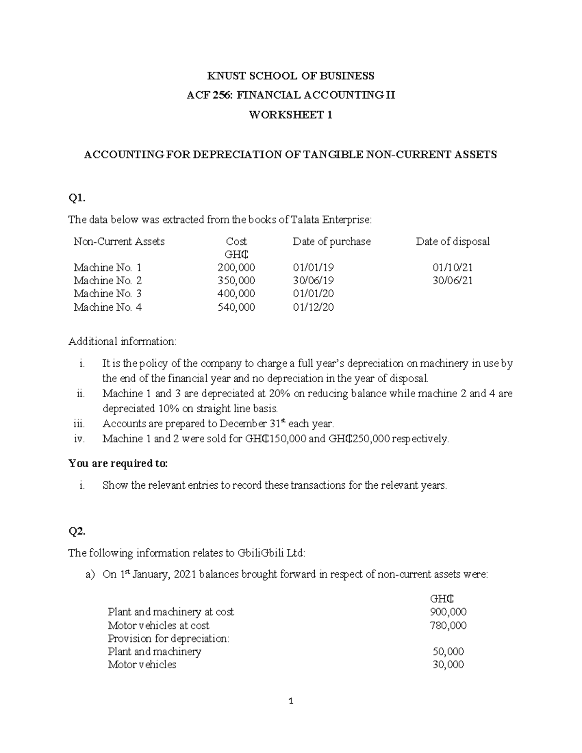 Practice Set 1 - Depreciation Accounting - KNUST SCHOOL OF BUSINESS ACF ...